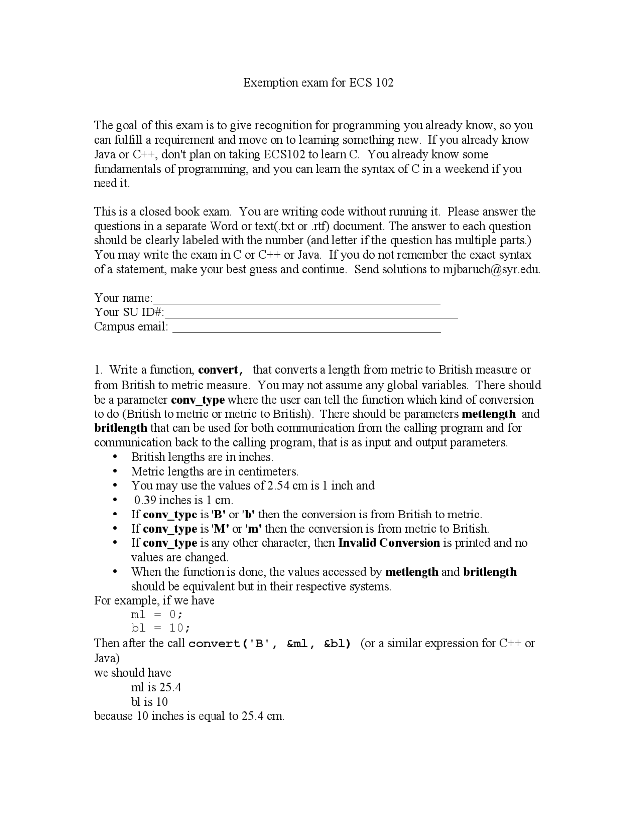 Exemption Exam For Introduction To Computing Ecs 102 Docsity