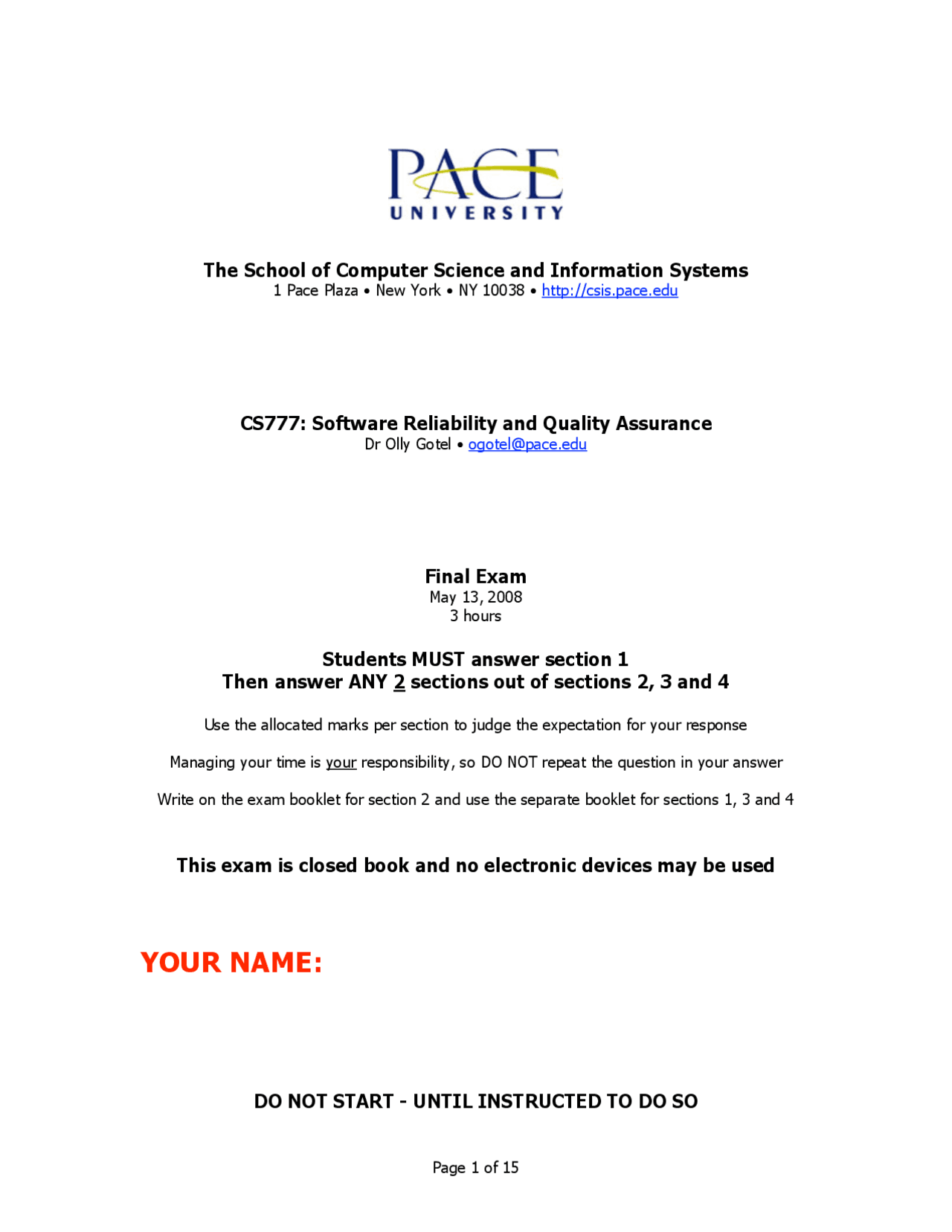 Questions On Software Reliability And Assurance Final Exam Cs 777