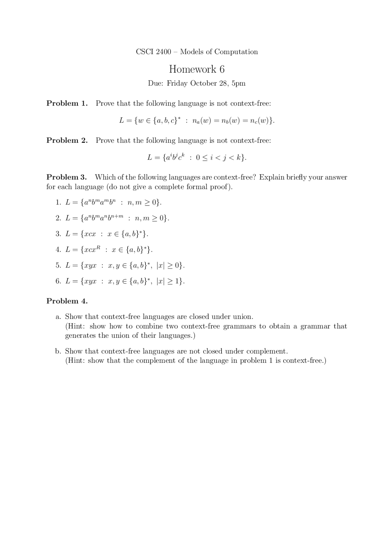4 Problems On Models Of Computation Assignment 6 Csci 2400 Docsity