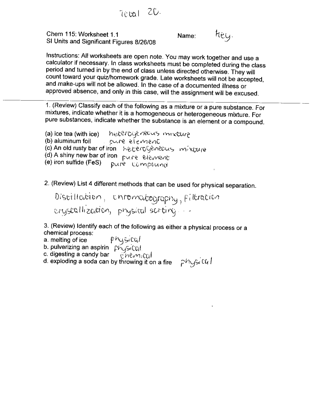 SI Units and Significant Worksheet 1 with Key Answers | CHEM 115 - Docsity