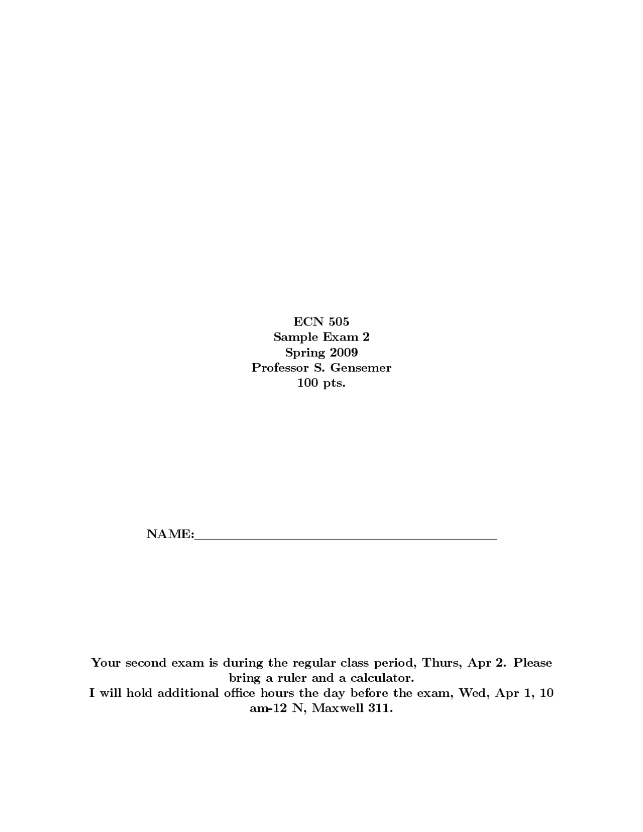 Sample Exam 2 With Questions Mathematical Economics Ecn 505 Docsity
