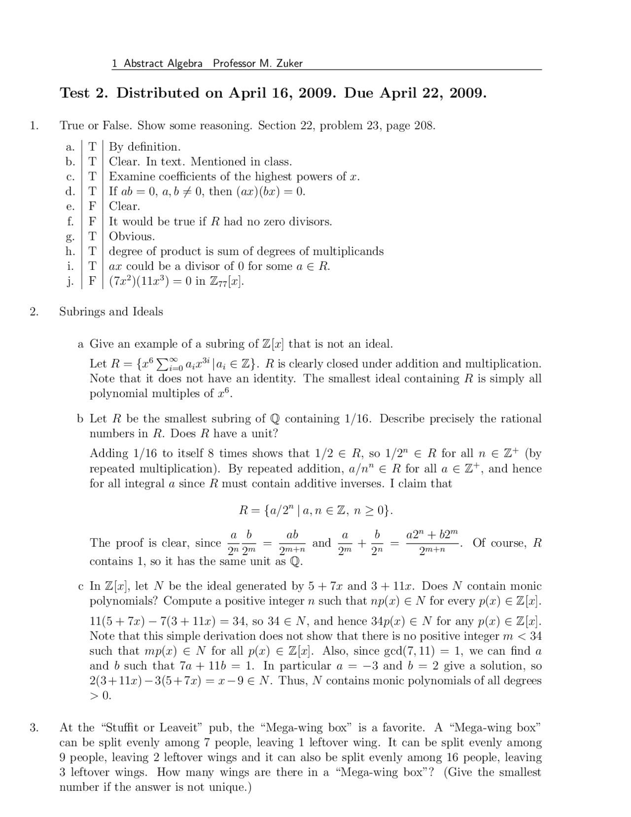 Test 2 Practice Questions Abstract Algebra Math 4010 Docsity