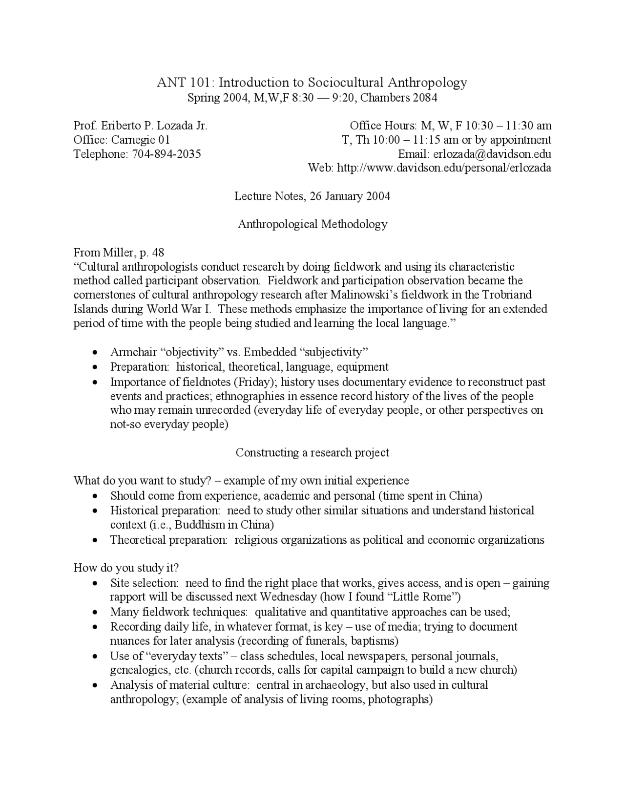 Anthropological Methodology Lecture Notes Ant 101 Docsity