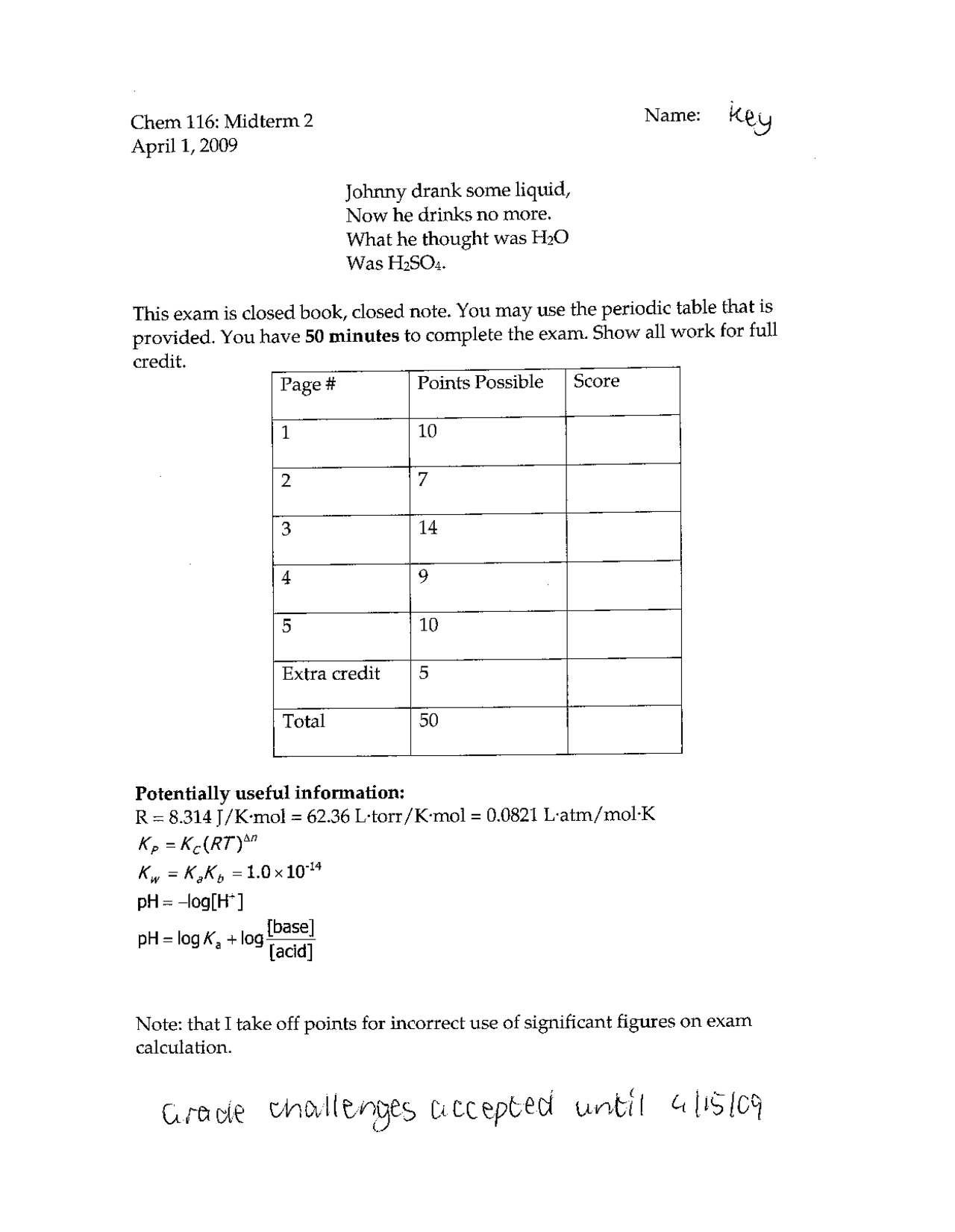 Midterm Exam 2 with Answer Key - Principles of Chemistry II | CHEM 116 ...