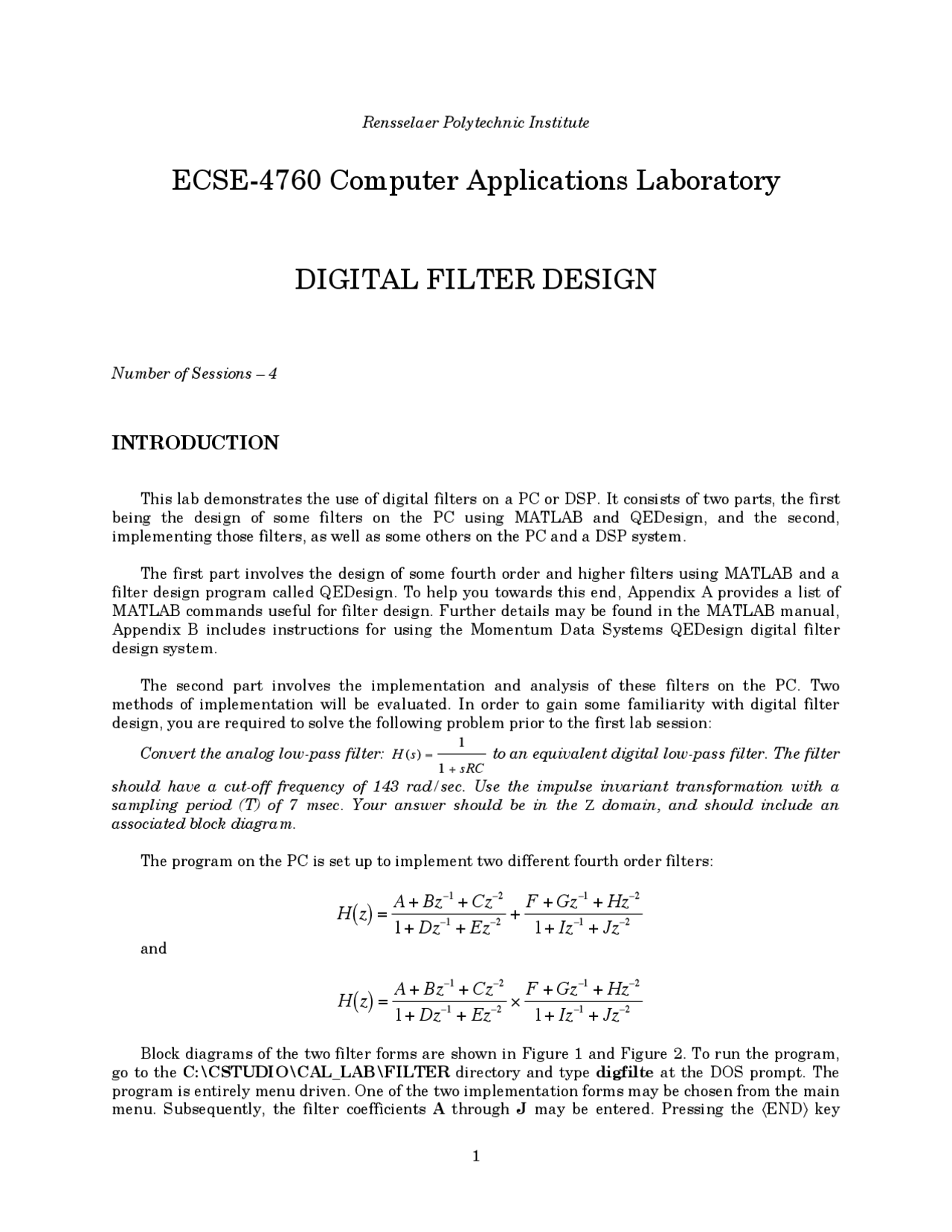 Digital Filter Design Lecture Notes Ecse 4760 Docsity