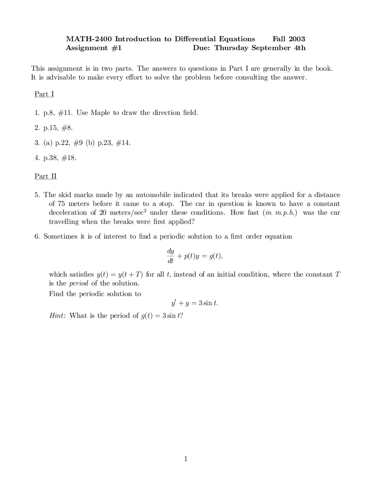Assignment 1 Introduction To Differential Equations Math 2400
