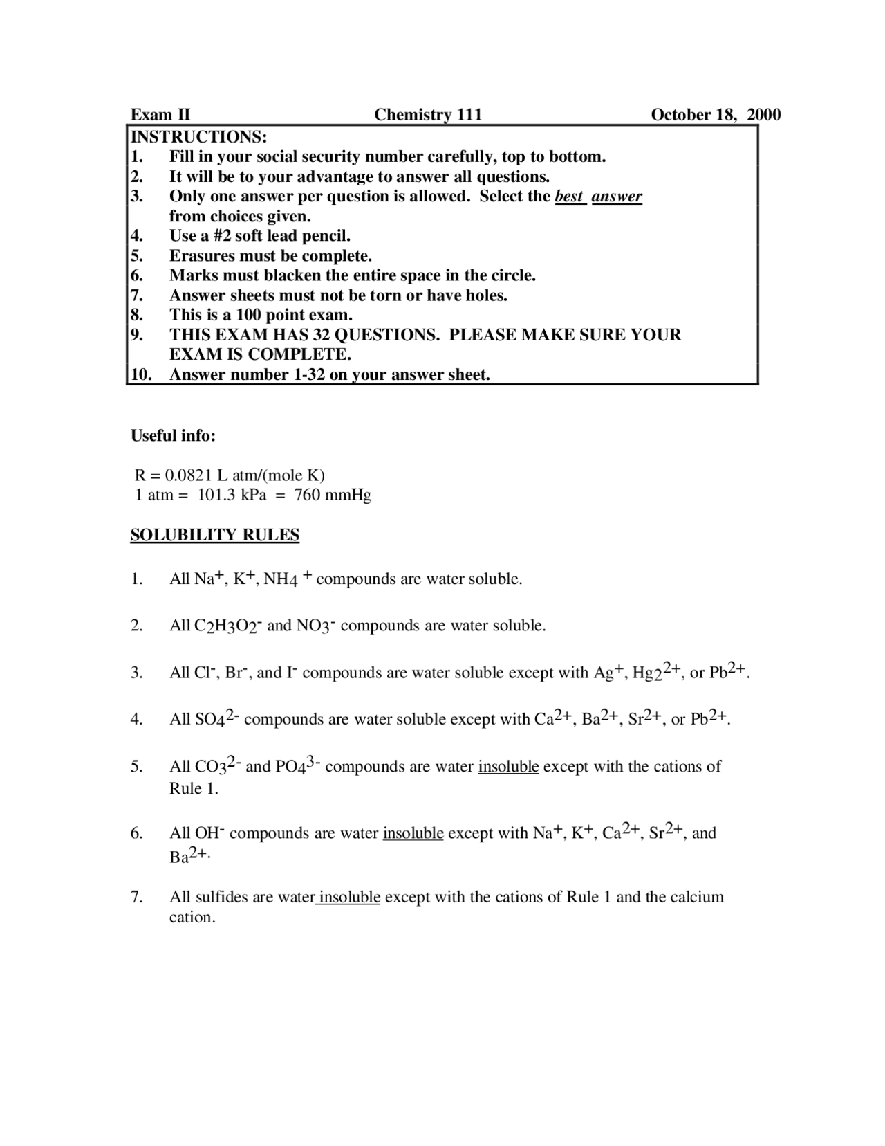 32 Multiple Choice Questions Exam 2 - General Chemistry I | CHEM 111 ...
