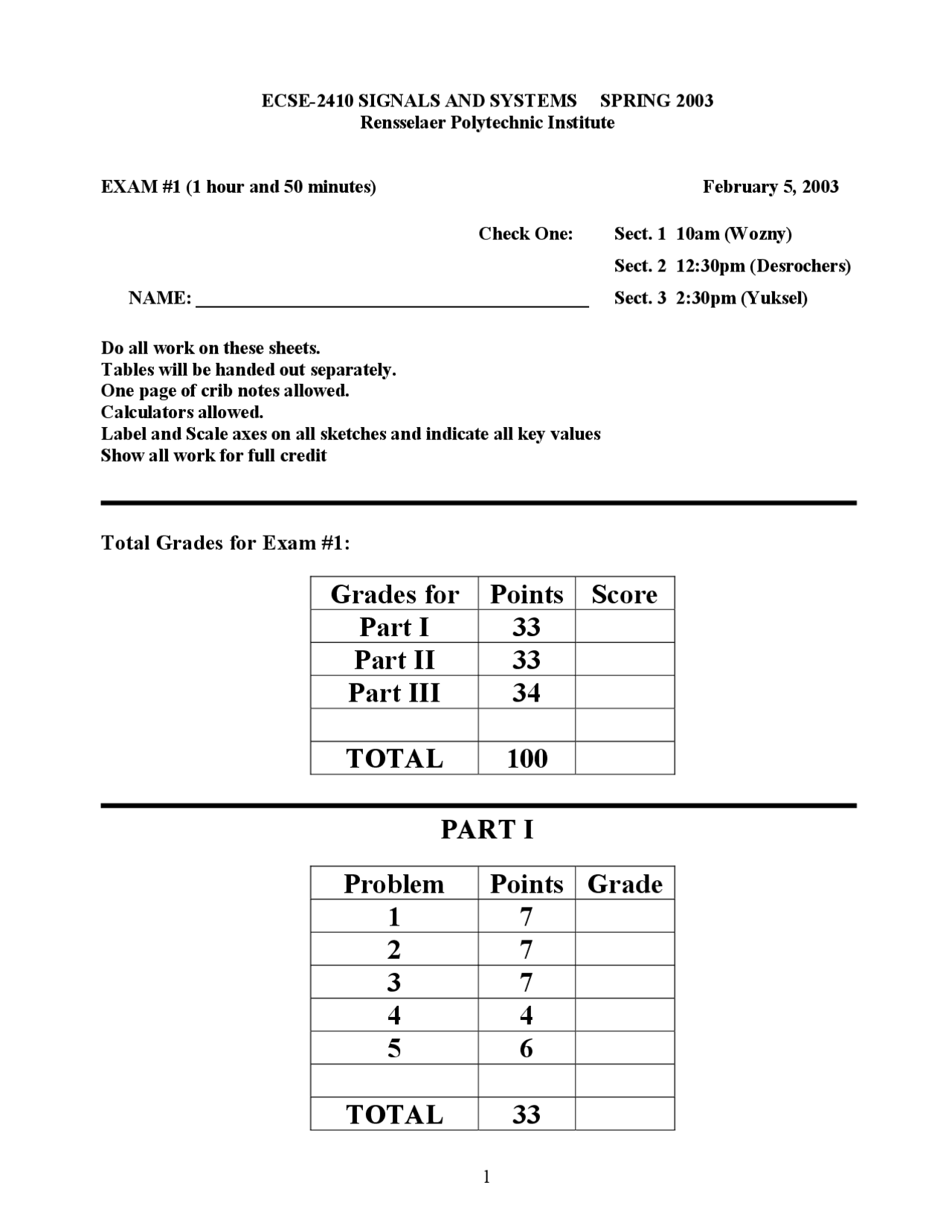 Practice Exam 1 On Signals And Systems Spring 2003 Ecse 2410 Docsity