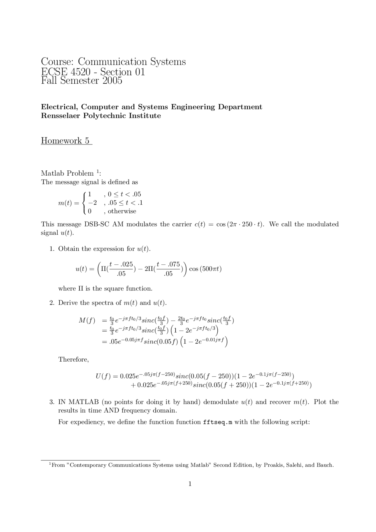 Homework 5 Solutions Communication Systems Ecse 4520 Docsity