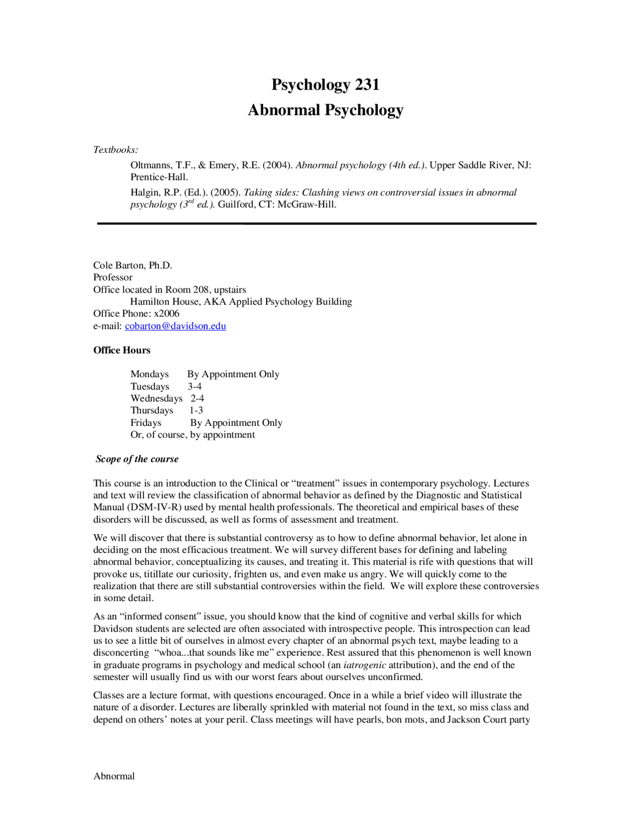Syllabus On Abnormal Psychology Psy 231 Docsity