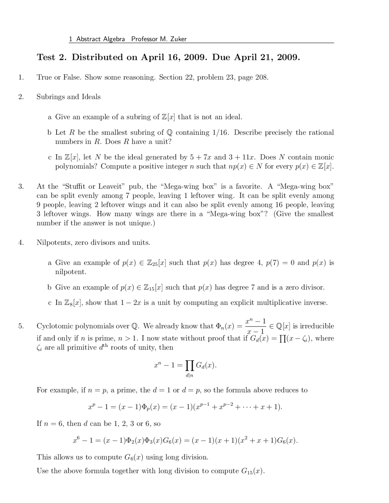 7 Problems In Exam 2 Abstract Algebra Math 4010 Docsity