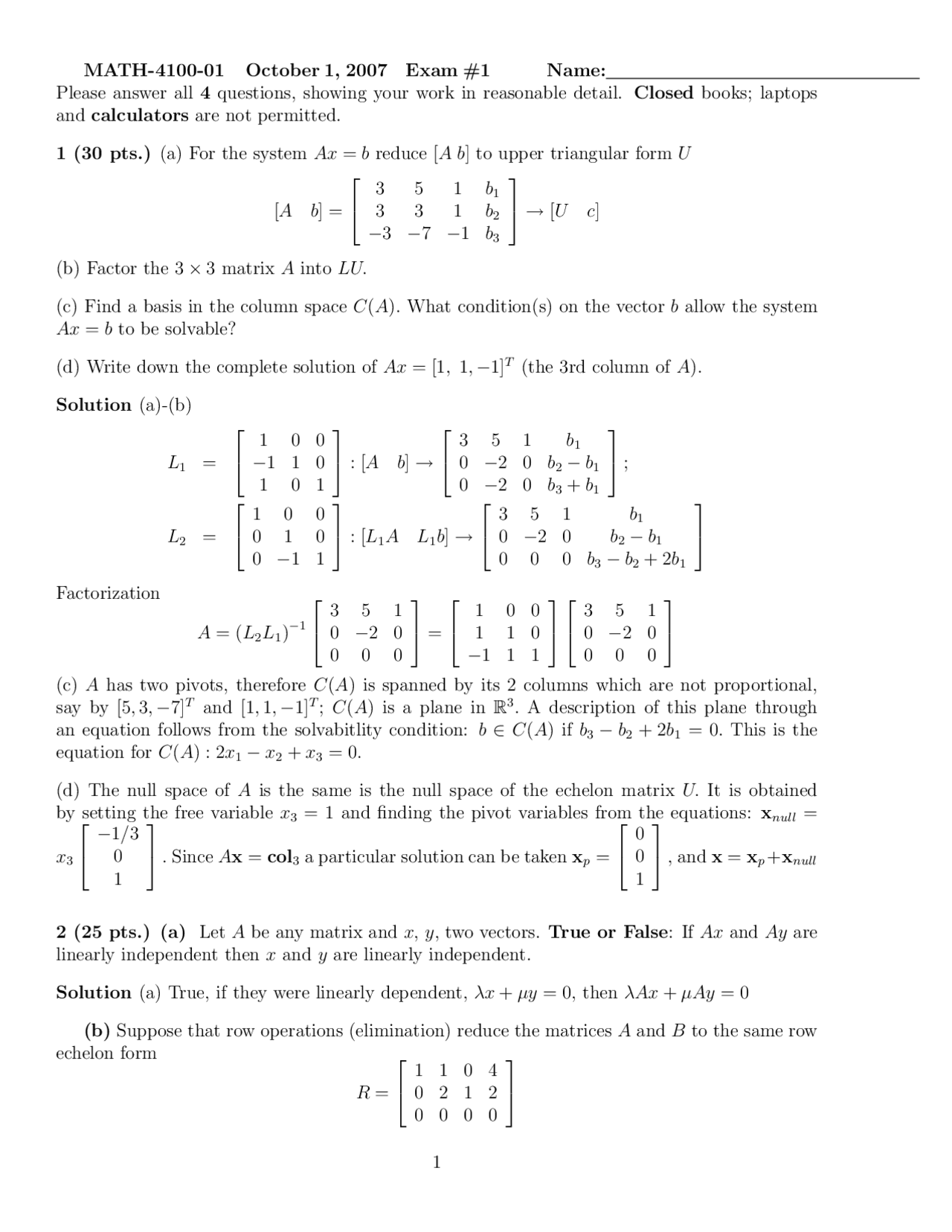4 Questions Solved in Exam on Linear Algebra | MATH 4100 - Docsity
