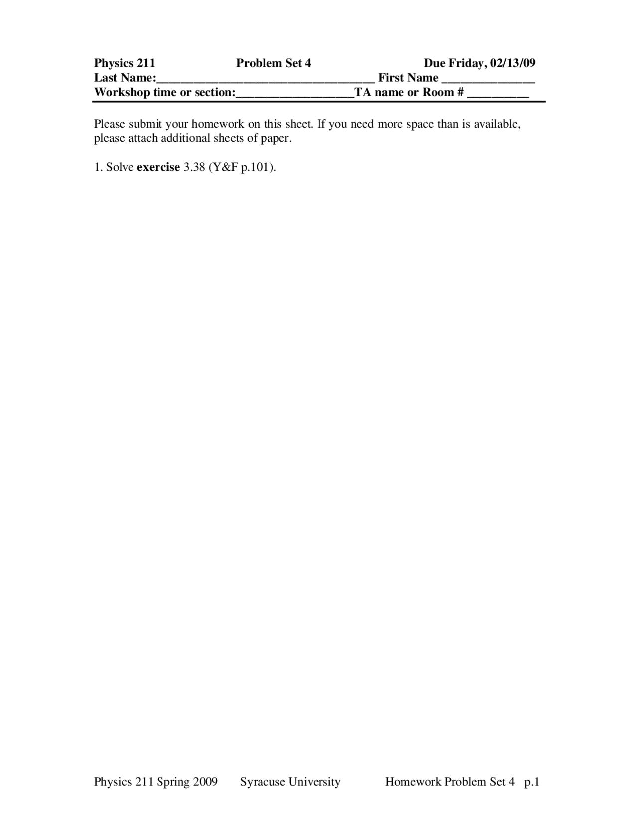 Problems Set V For General Physics I Phy 211 Docsity