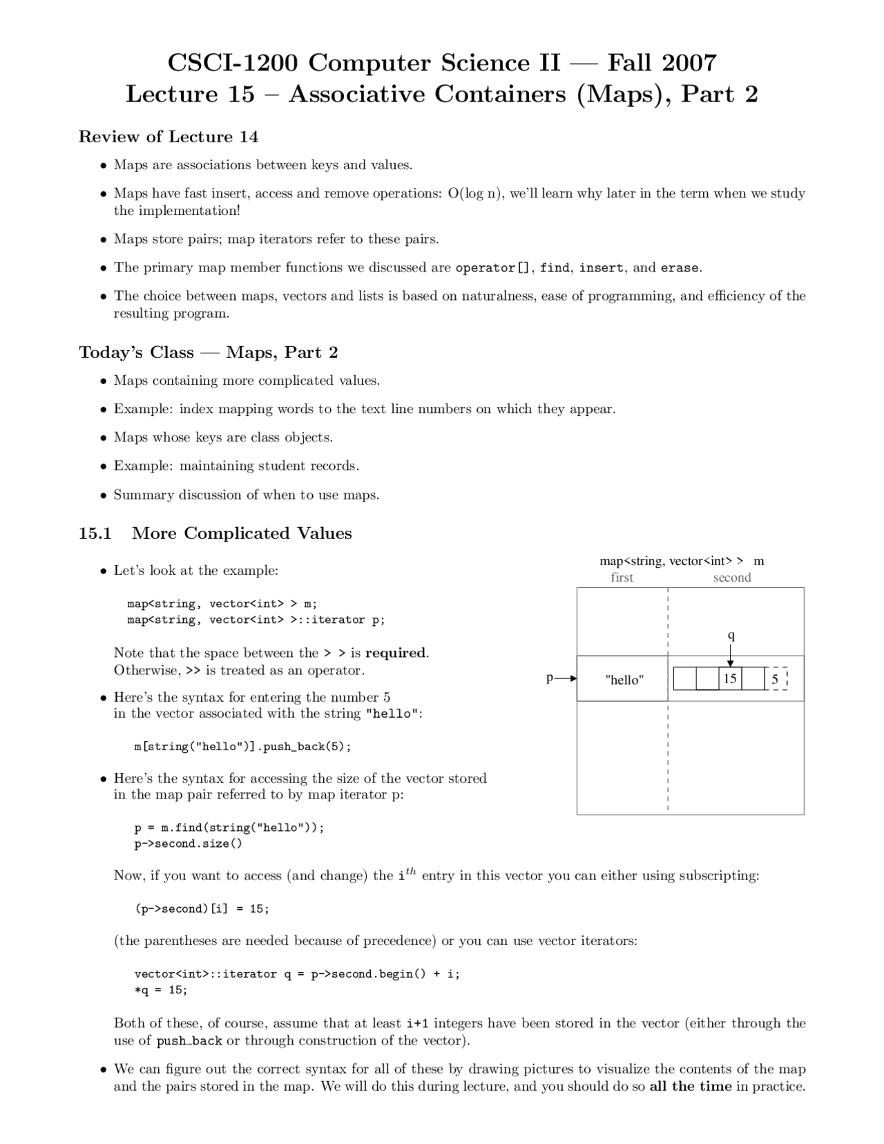 Associative Containers Lecture Notes Csci 1200 Docsity