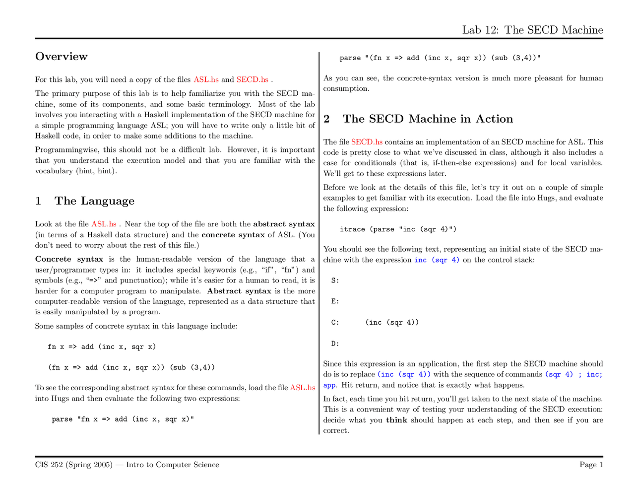 Laboratory 12: The SECD Machine in Action | CIS 252 - Docsity