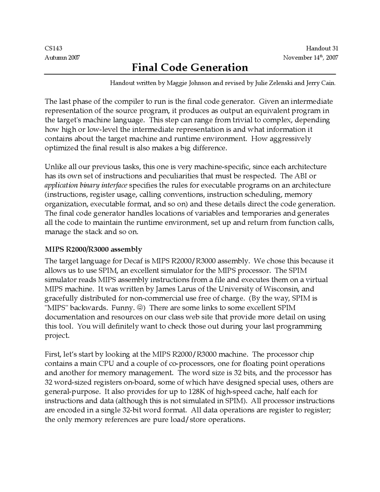 Final Code Generation Compiler Design Handout Cis 631 Docsity