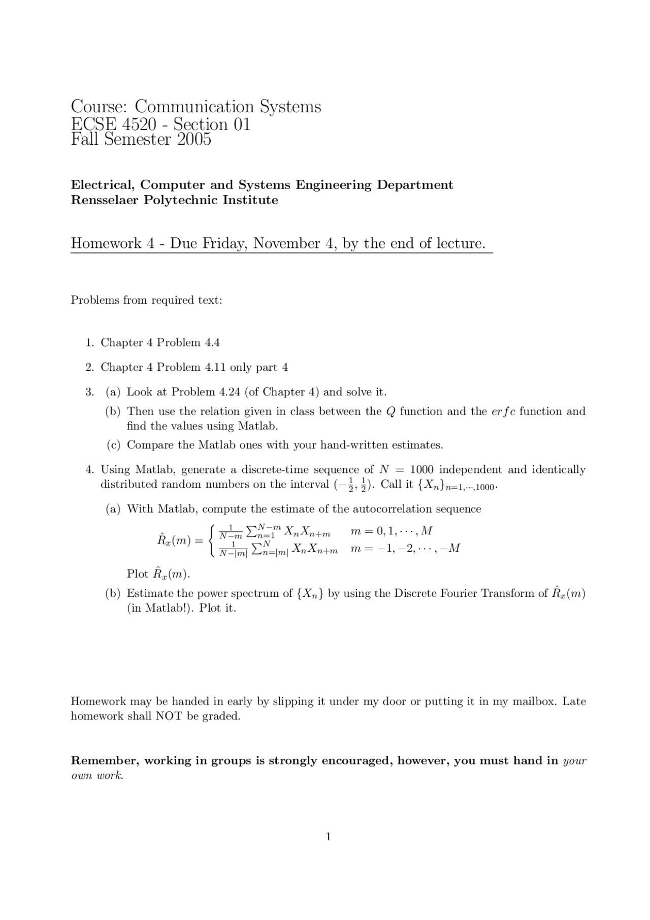 Homework 4 with Problems on Communication Systems | ECSE 4520 | Assignments Electrical and ...