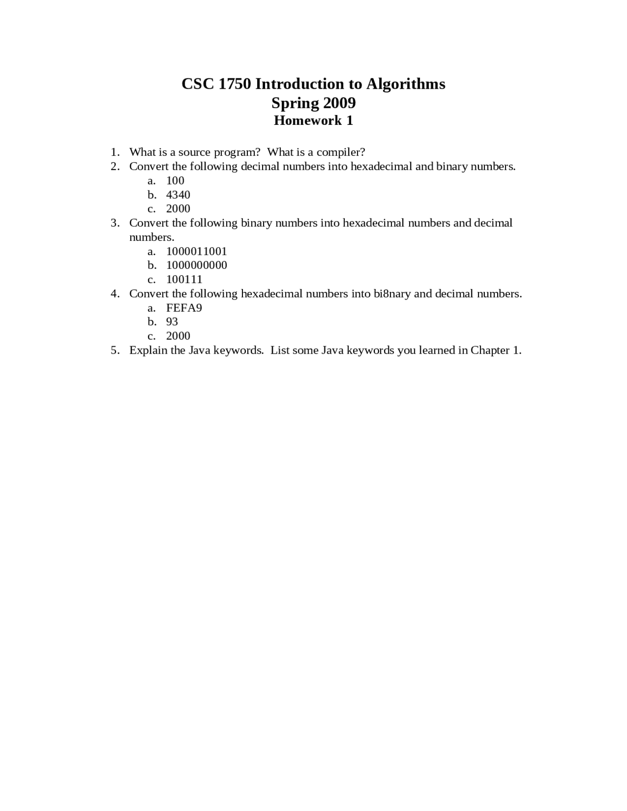 Practice Homework 1 - Introduction to Algorithms | CSC 1750 - Docsity