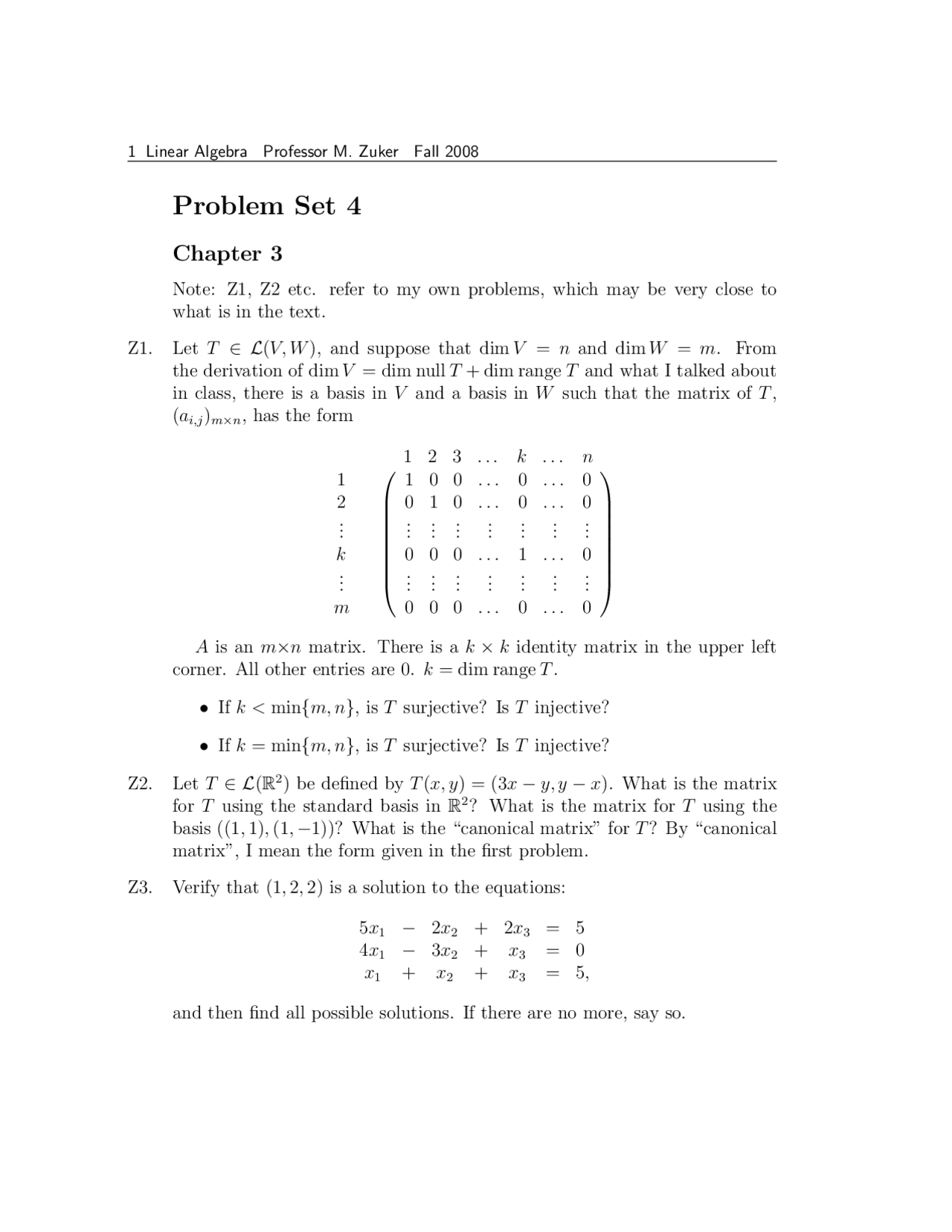 Problem Set 4 Linear Algebra Math 4100 Docsity