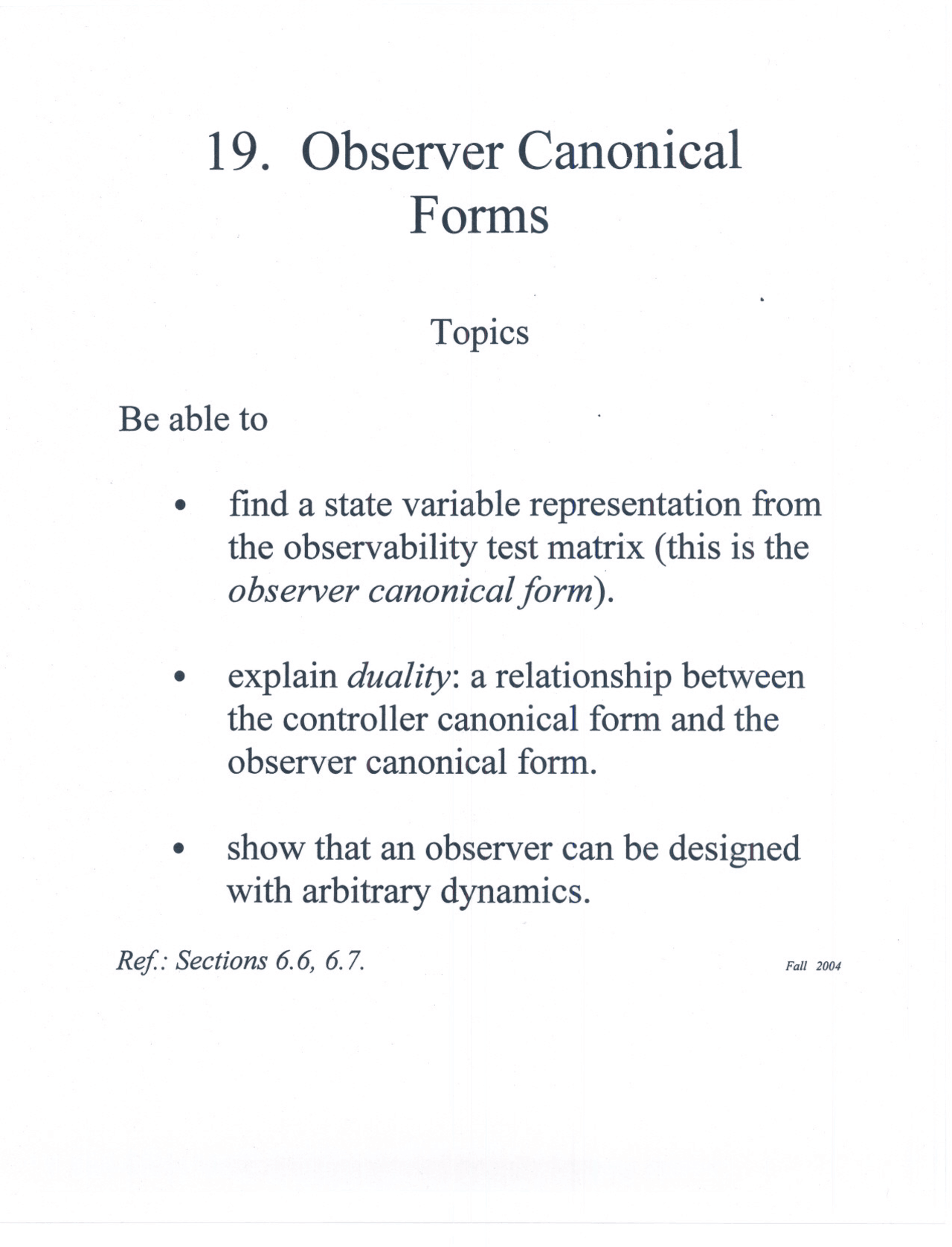 Observer Canonical Forms Systems Analysis Techniques Ecse 6400