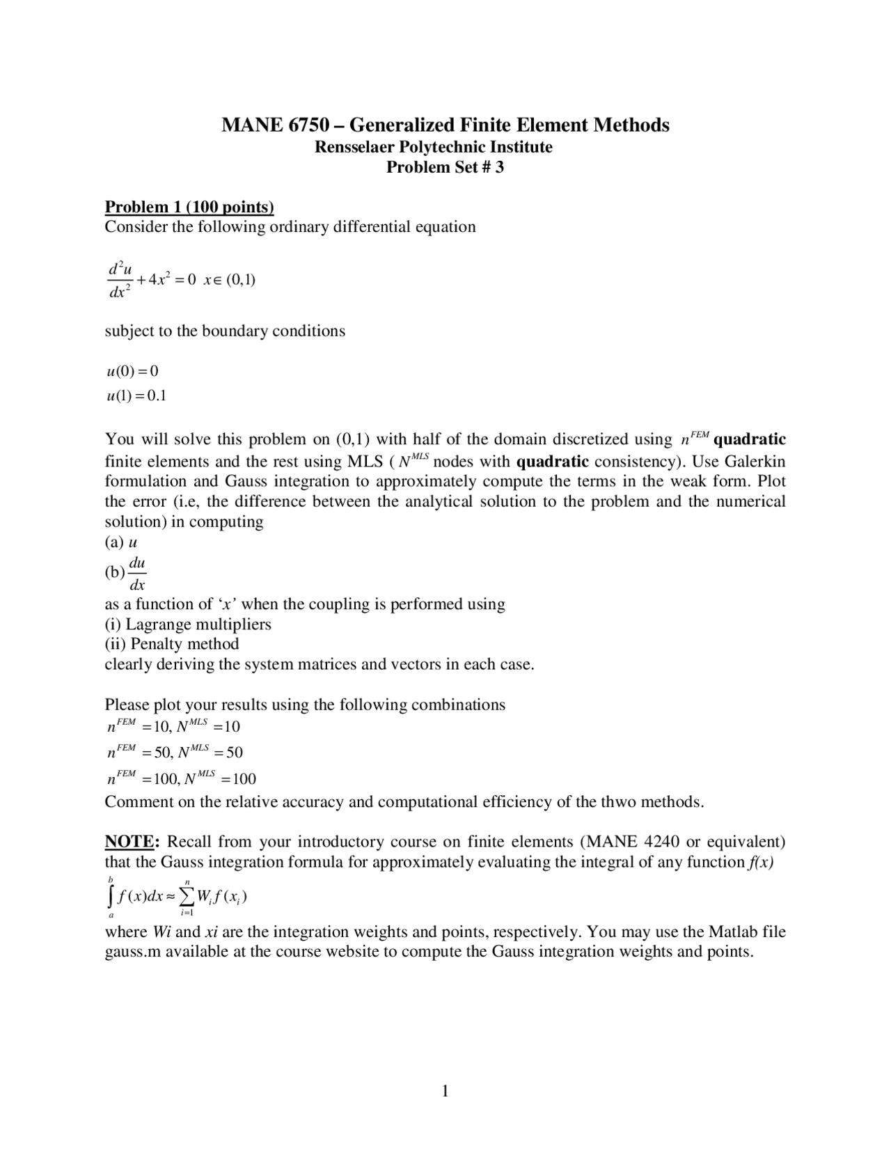 Generalized Finite Element Methods Assignment 3 Questions Mane 6750 Docsity