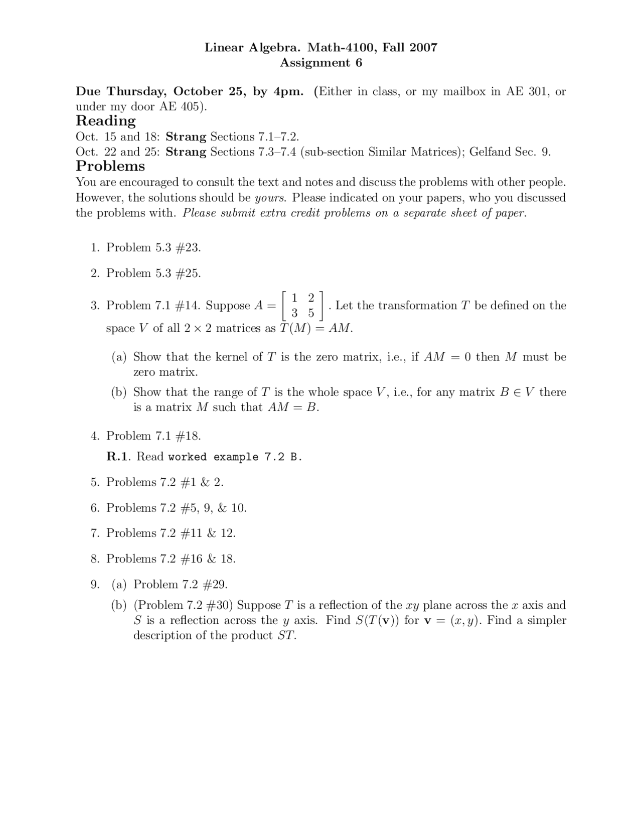 9 Questions On Linear Algebra Assignment 6 Math 4100 Docsity