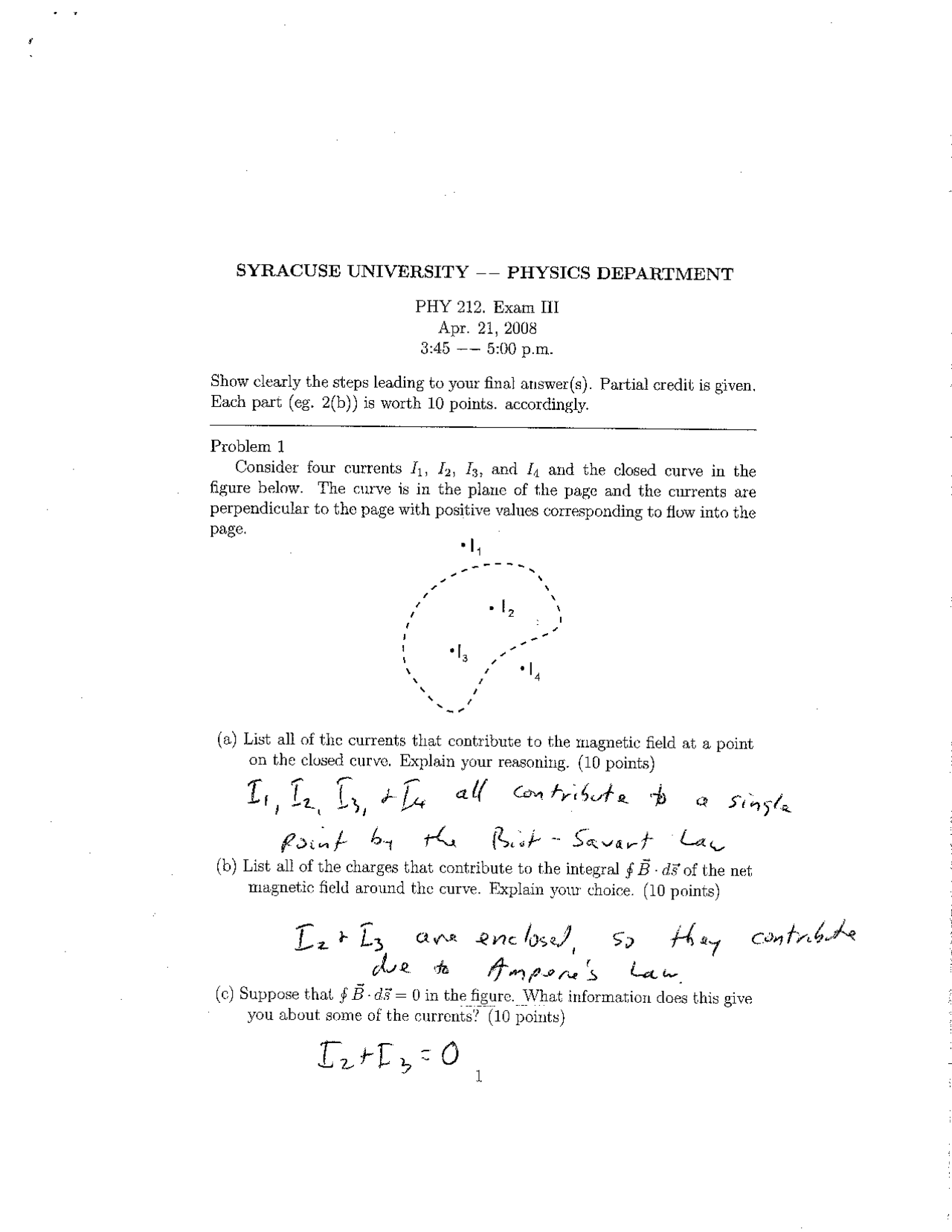 Exam 3 With Answers General Physics Ii Phy 212 Docsity
