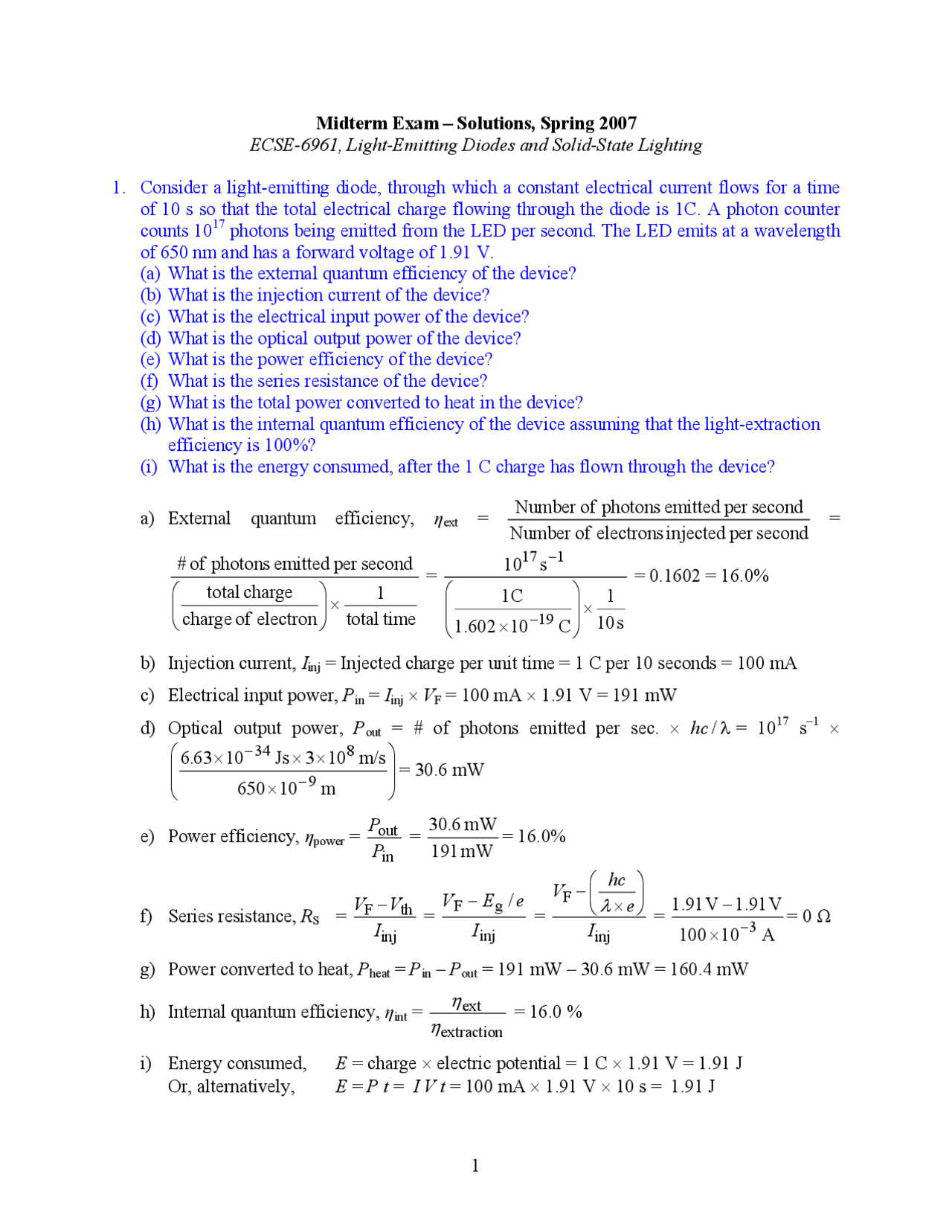 Light Emitting Diodes And Solid State Lighting Midterm Exam With