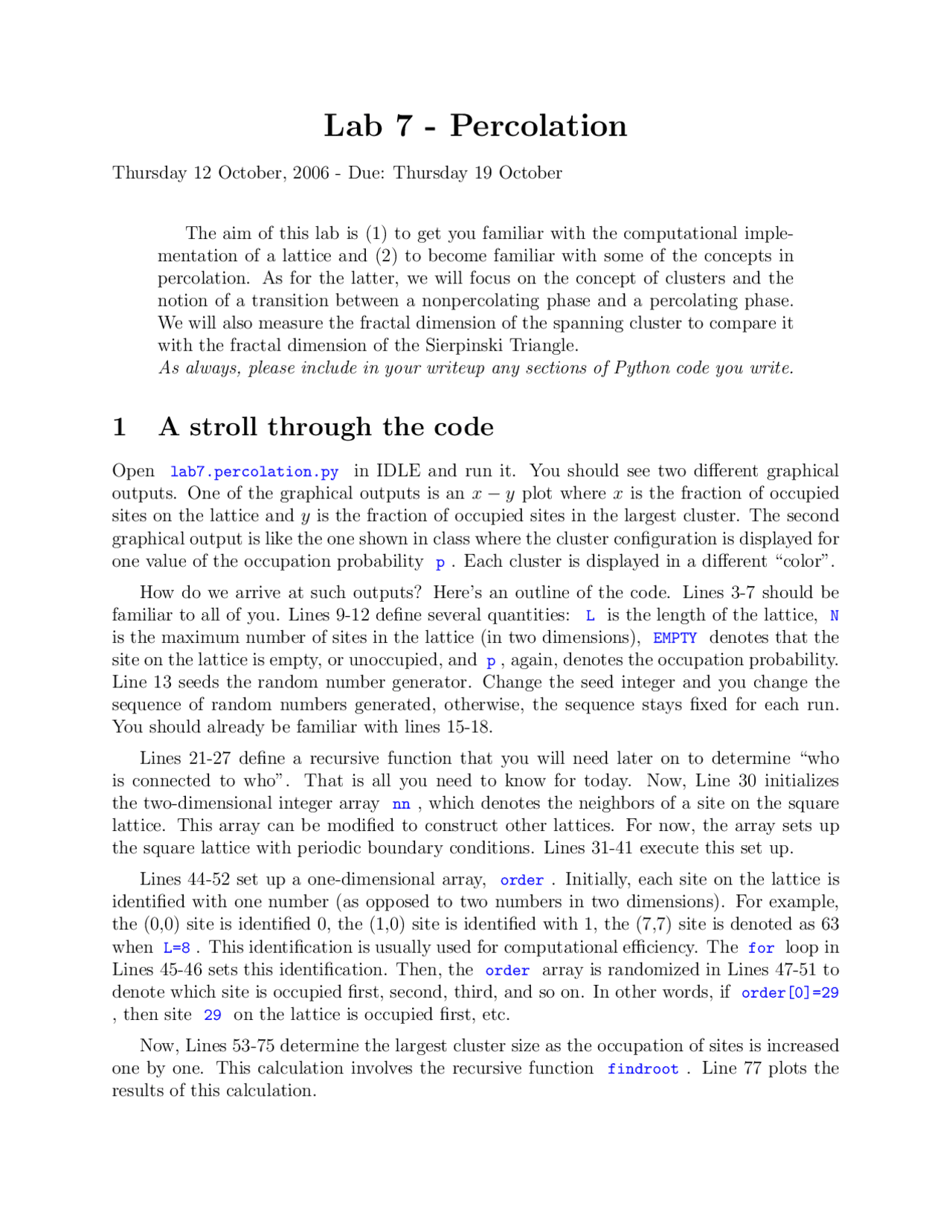 Percolation - Science and Computers I | PHY 307 - Docsity