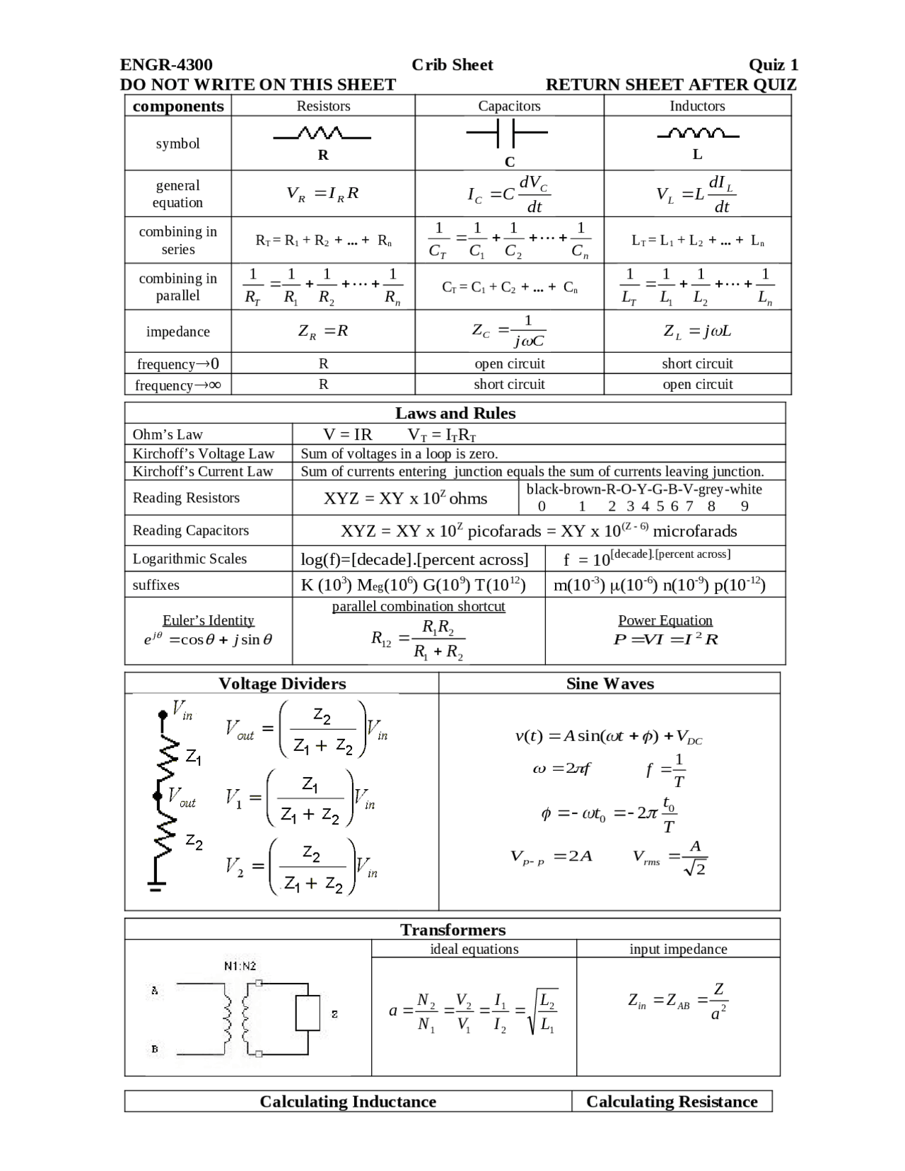 Quiz 1 With Solutions Electronic Instrumentation Engr 4300 Docsity