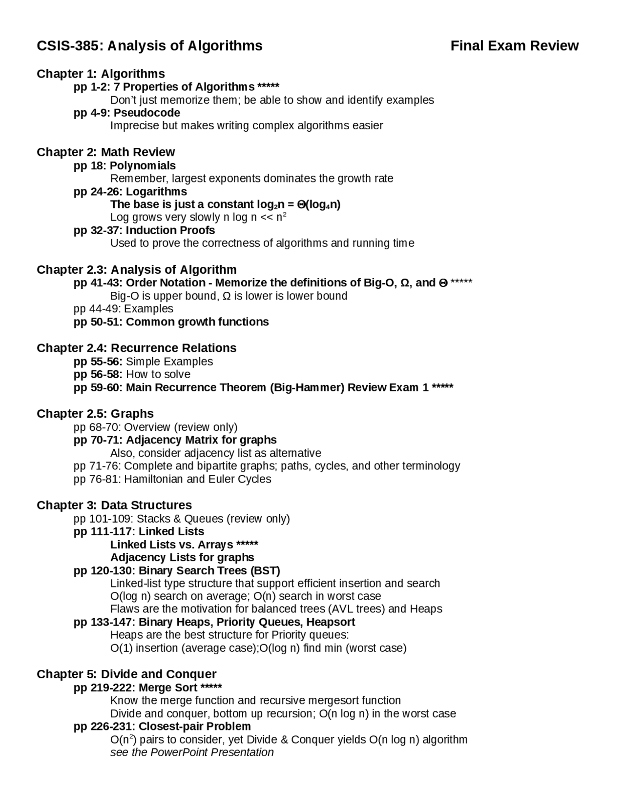 Algorithms Mathematics Review Final Exam Review Sheet Csis 385 Docsity