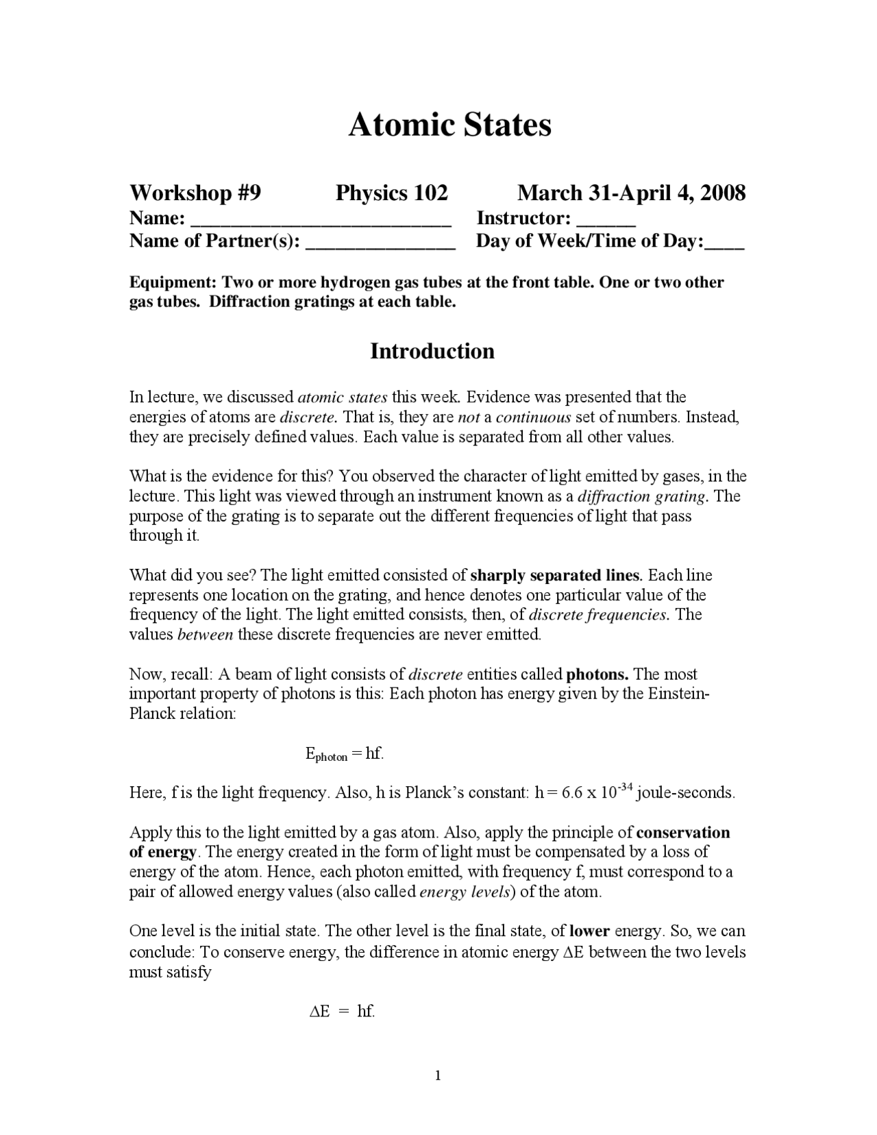Atomic States Major Concepts Of Physics Ii Workshop Notes Phy 102