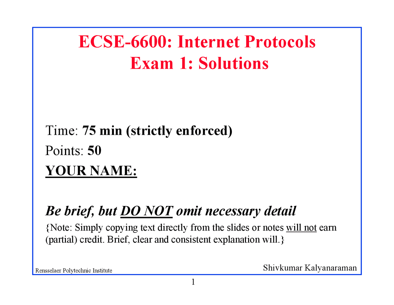 Solutions Of Exam 1 On Internet Protocols Ecse 6600 Docsity