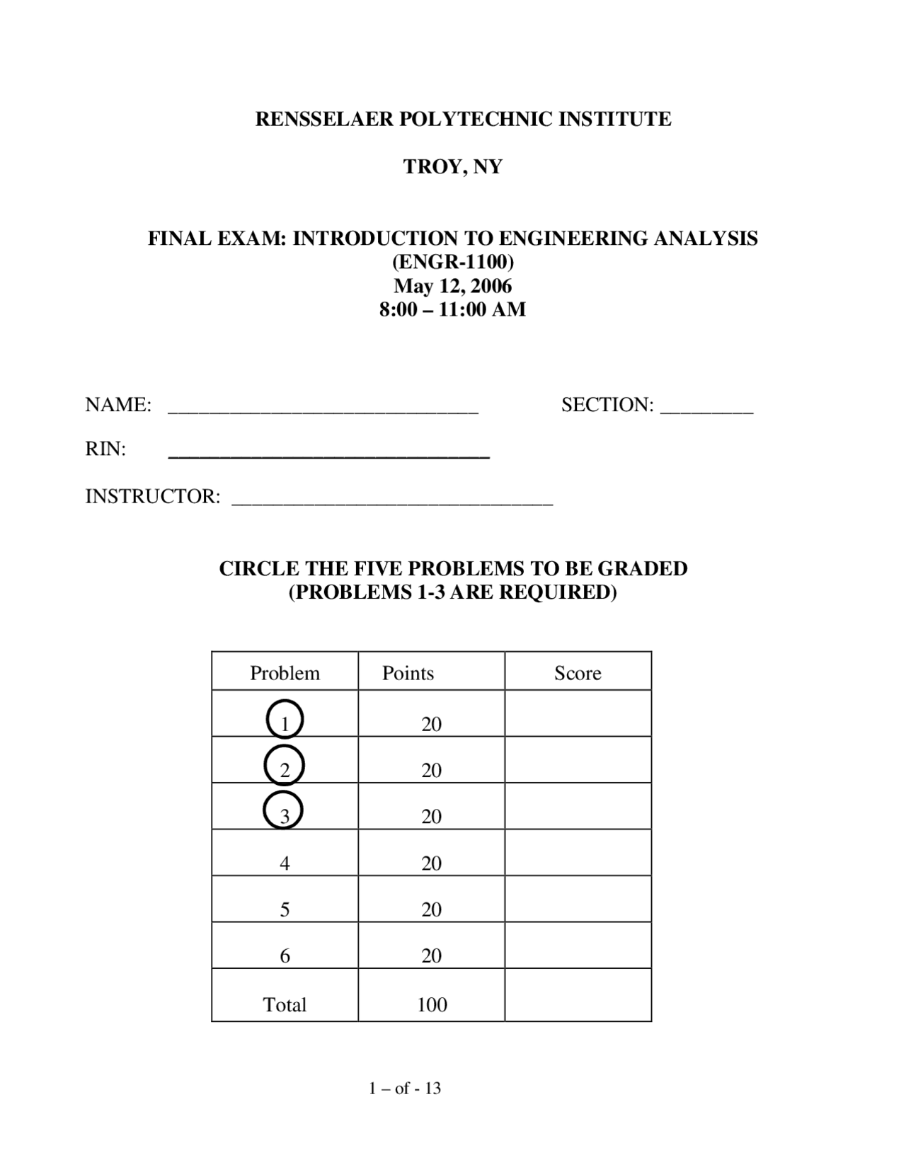 6 Problems For Final Exam Introduction To Engineering Analysis Engr 1100 Docsity