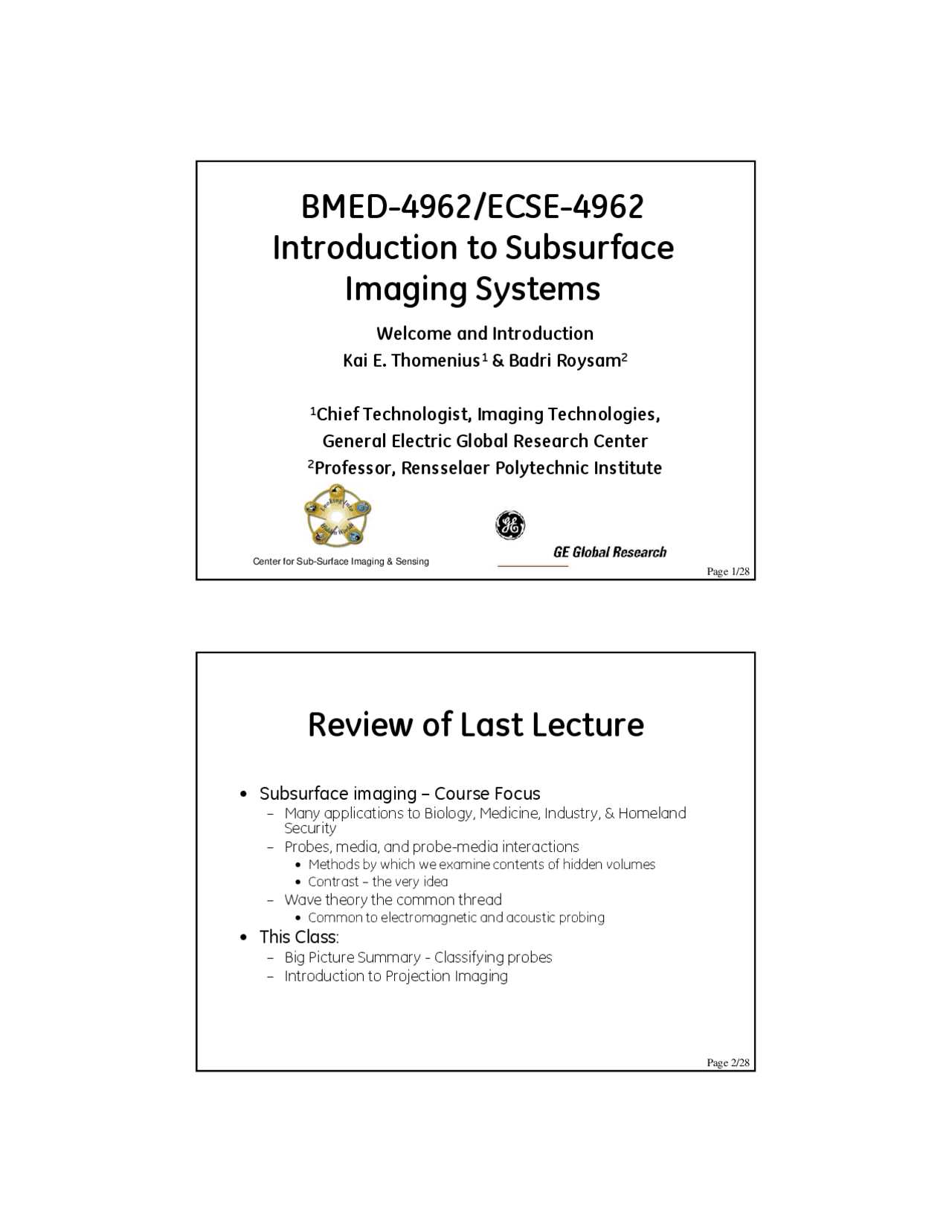 Introduction To Subsurface Imaging Systems Bmed 4962 Docsity