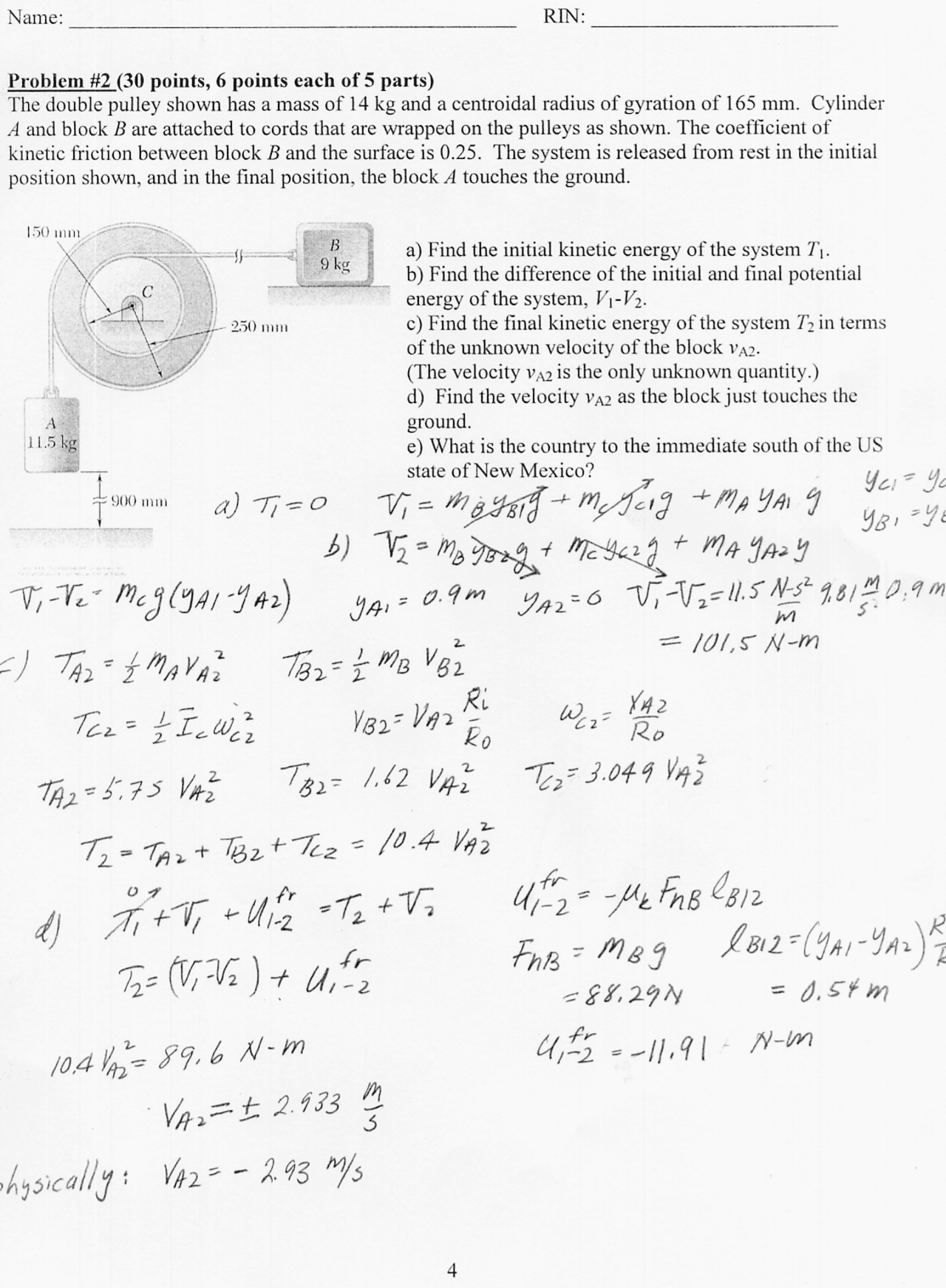 Find Initial and Final Kinetic Energy, Angular Velocity | ENGR 2090 - Docsity