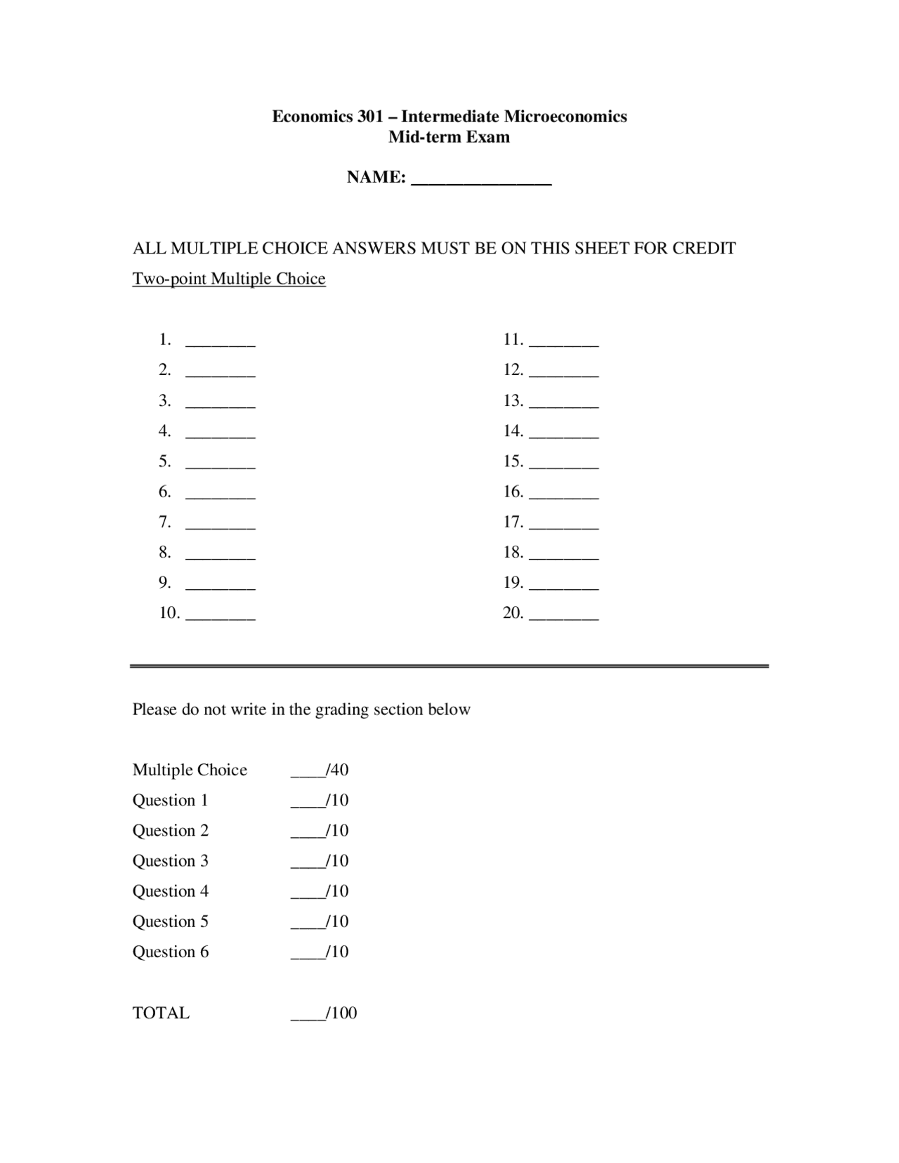Midterm Exam For Intermediate Microeconomics Ecn 310 Docsity