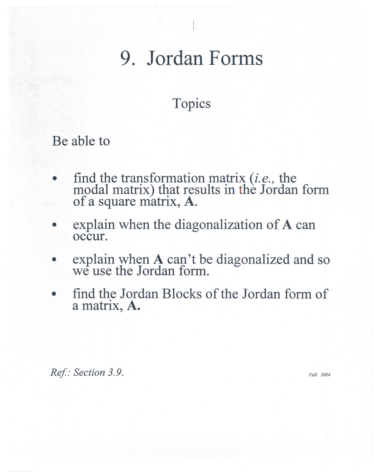 Systems Analysis Techniques Jordan Form Notes Ecse 6400 Docsity