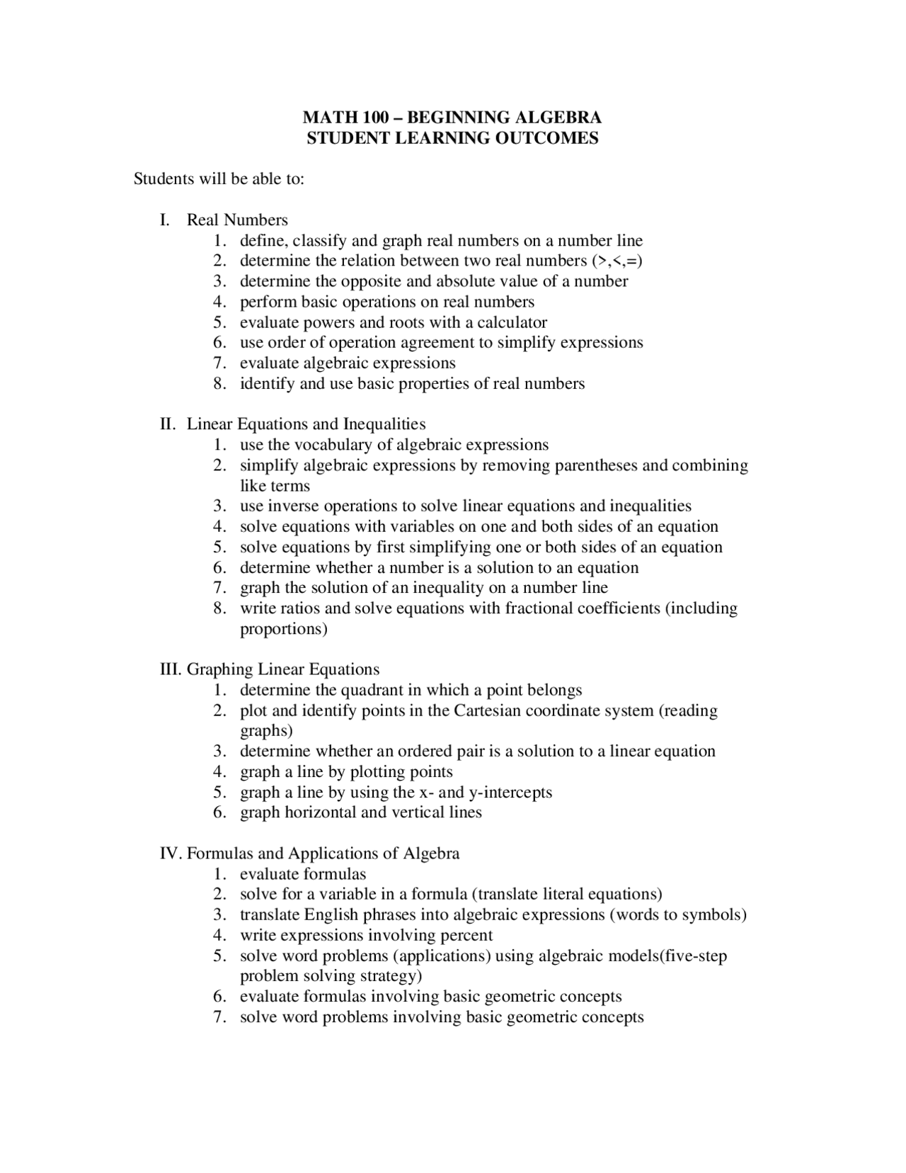Student Learning Outcomes - Beginning Algebra | MATH 100 - Docsity
