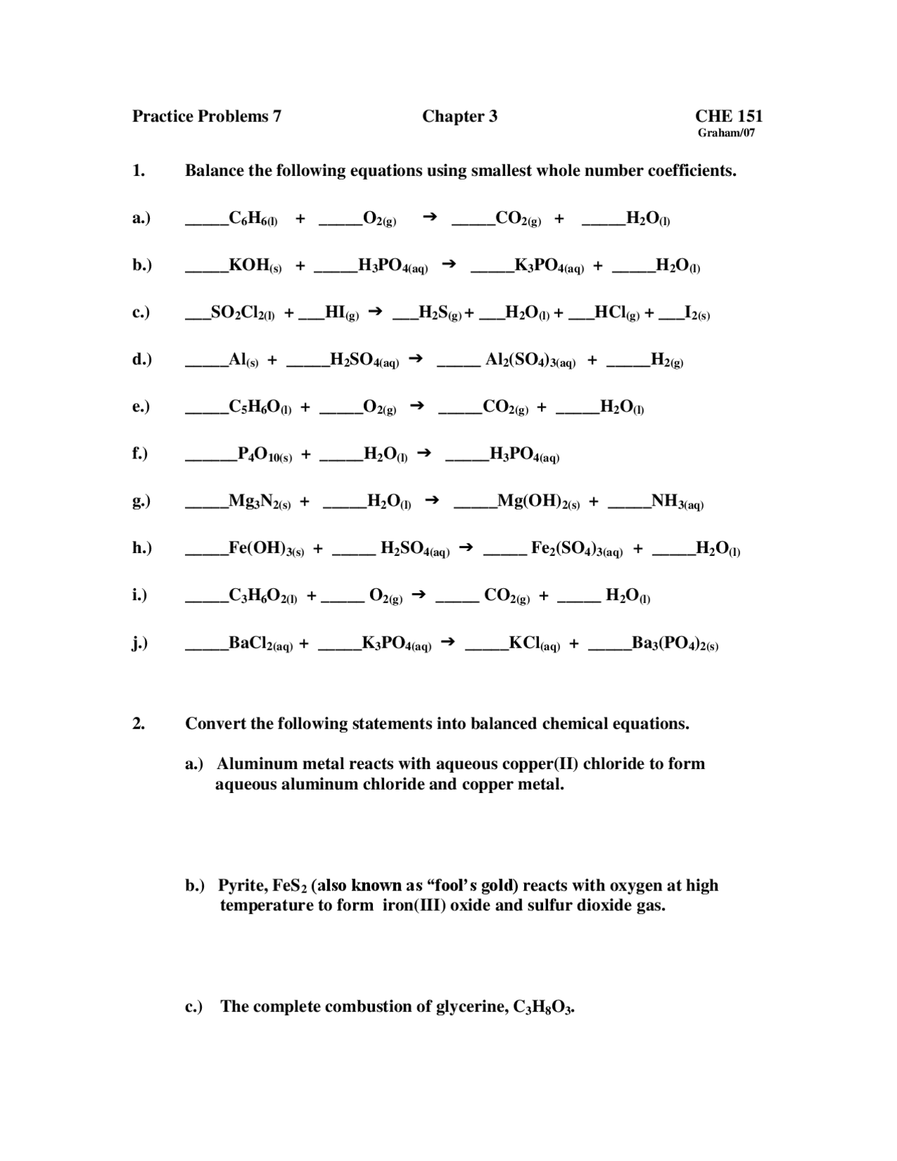 Practice Problems 7 General College Chemistry I Che 151 Docsity