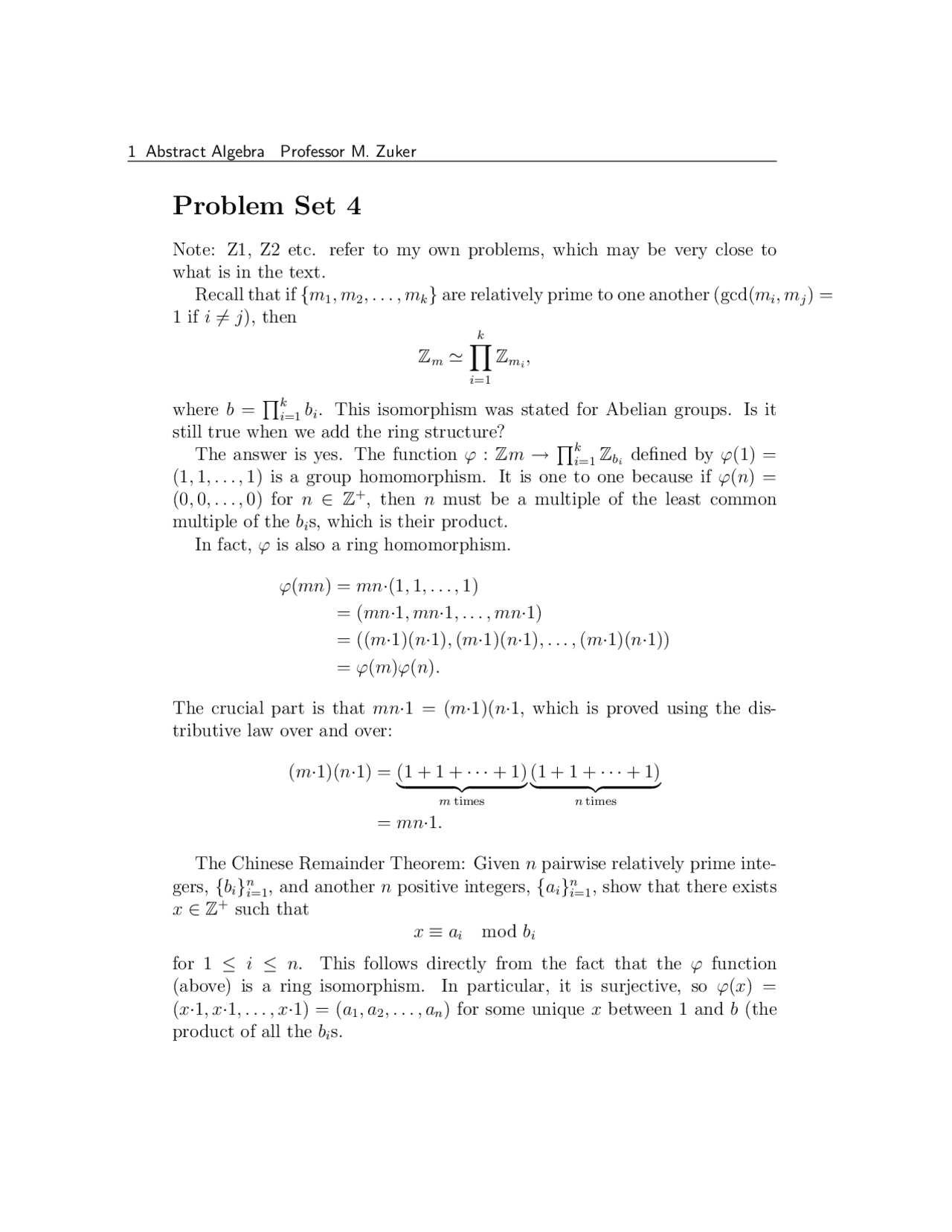 Abstract Algebra Problem Set 4 Math 4010 Docsity
