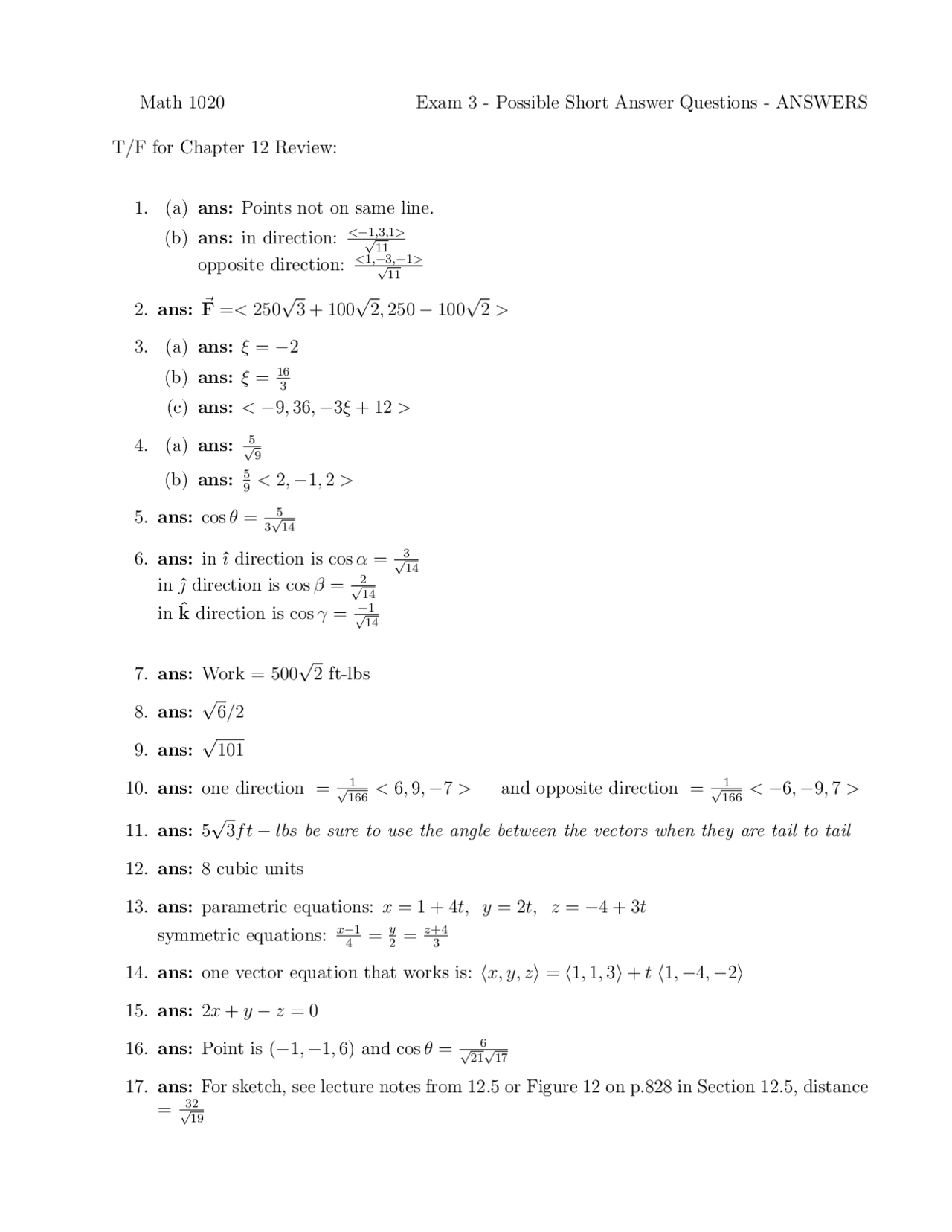 Old Exam 3 Questions with Answers - Calculus II | MATH 1020 - Docsity