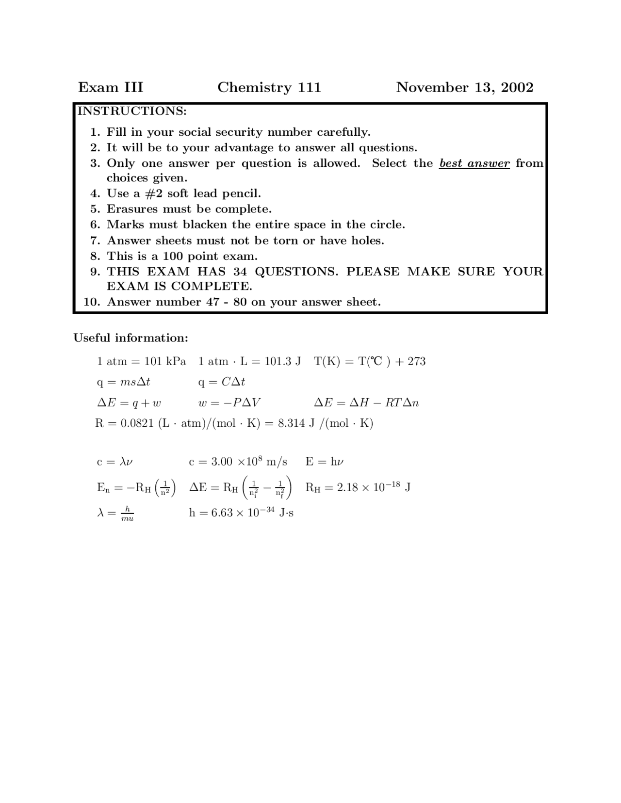 Practice Exam Iii Problem On General Chemistry I Chem 111 Docsity