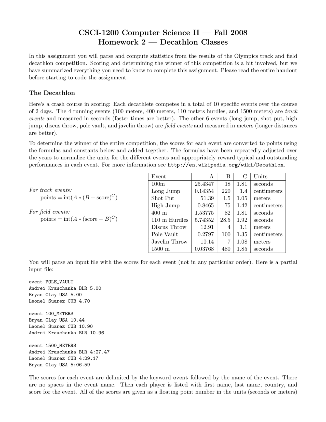 Decathlon Classes Data Structures Assignment 2 Csci 1200 Docsity 