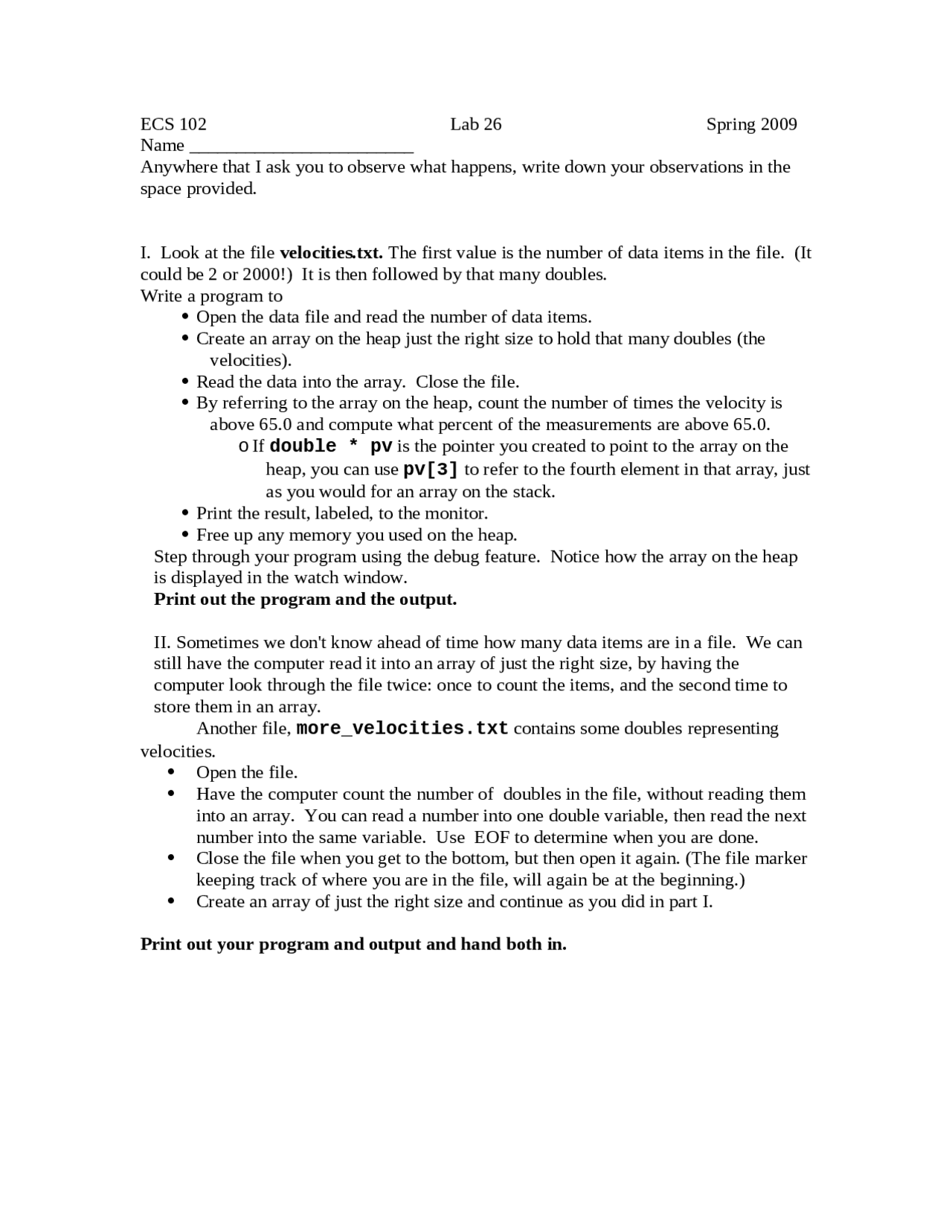 Lab 26: Velocities.txt - Introduction to Computing | ECS 102 | Lab Reports Computer Science ...