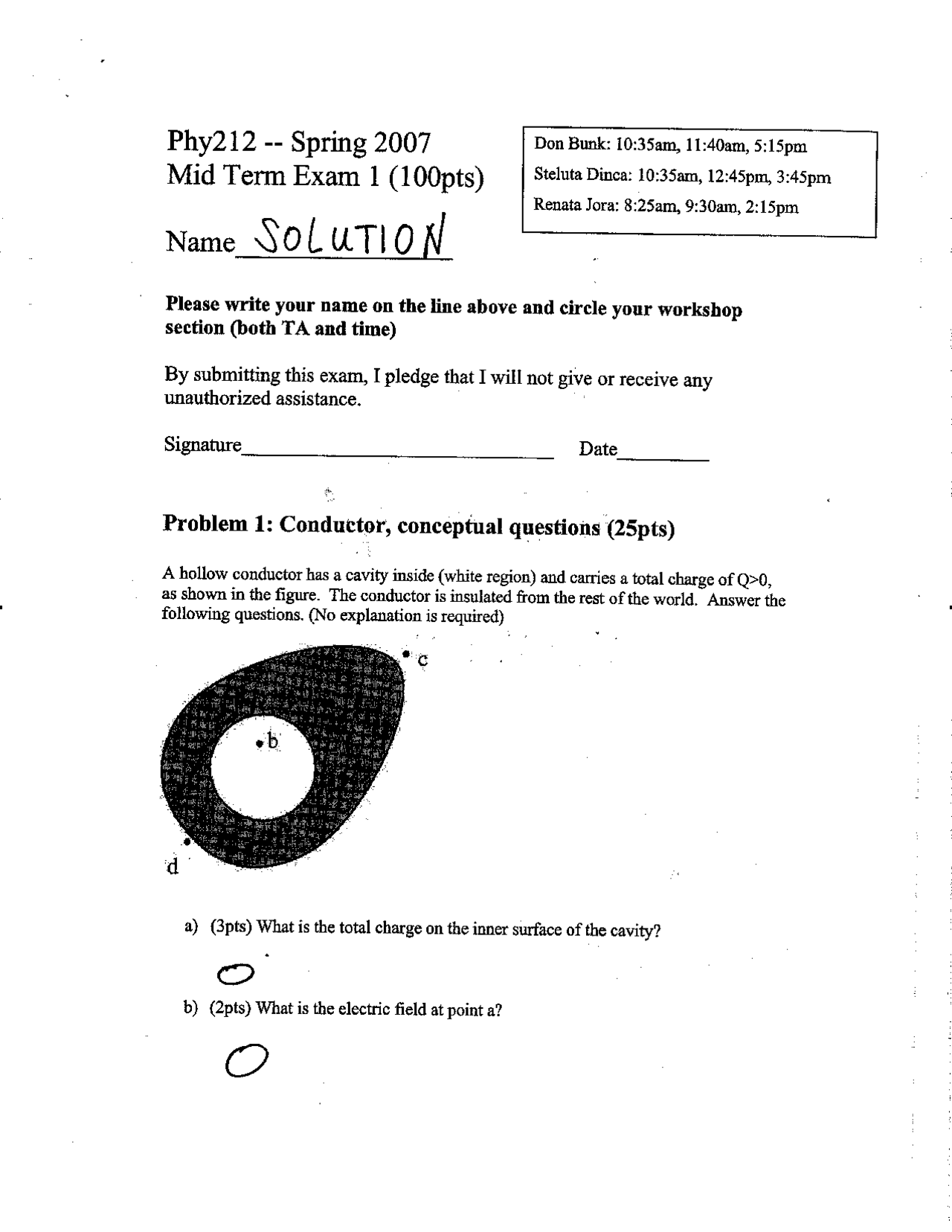 Midterm Exam 1 Solutions General Physics Ii Spring 2007 Phy 212