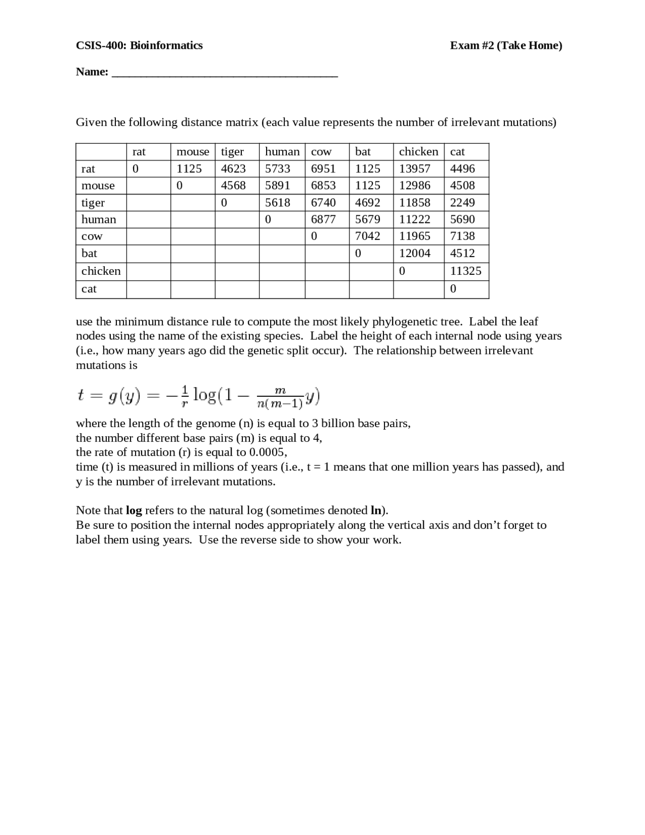 Take Home Exam 2 Bioinformatics Csis Ssx Exams Computer Science Docsity