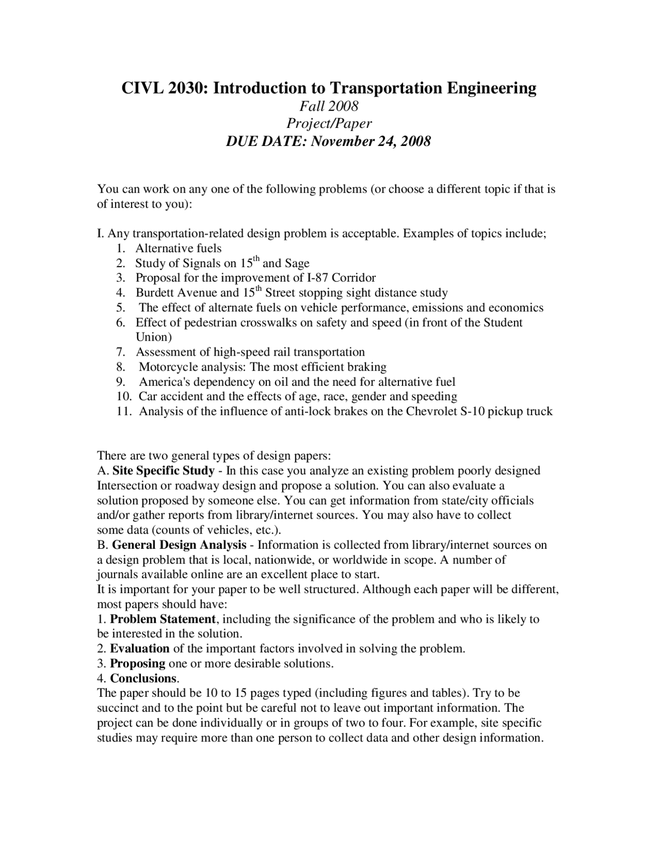 Design Papers For Transportation Engineering Fall 2008 Civl 2030
