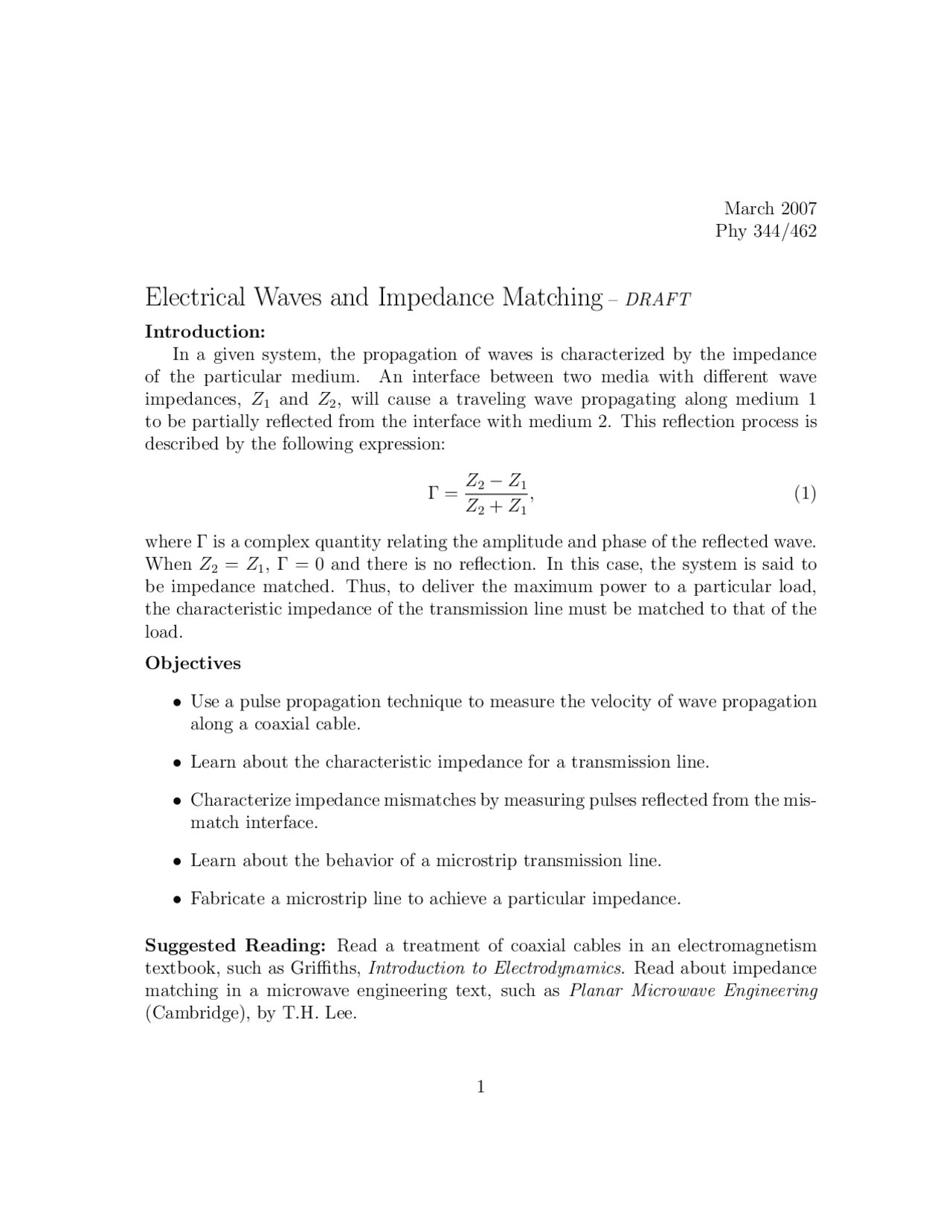 Electrical Waves and Impedance Matching - Fall 2007 | PHY 344 - Docsity