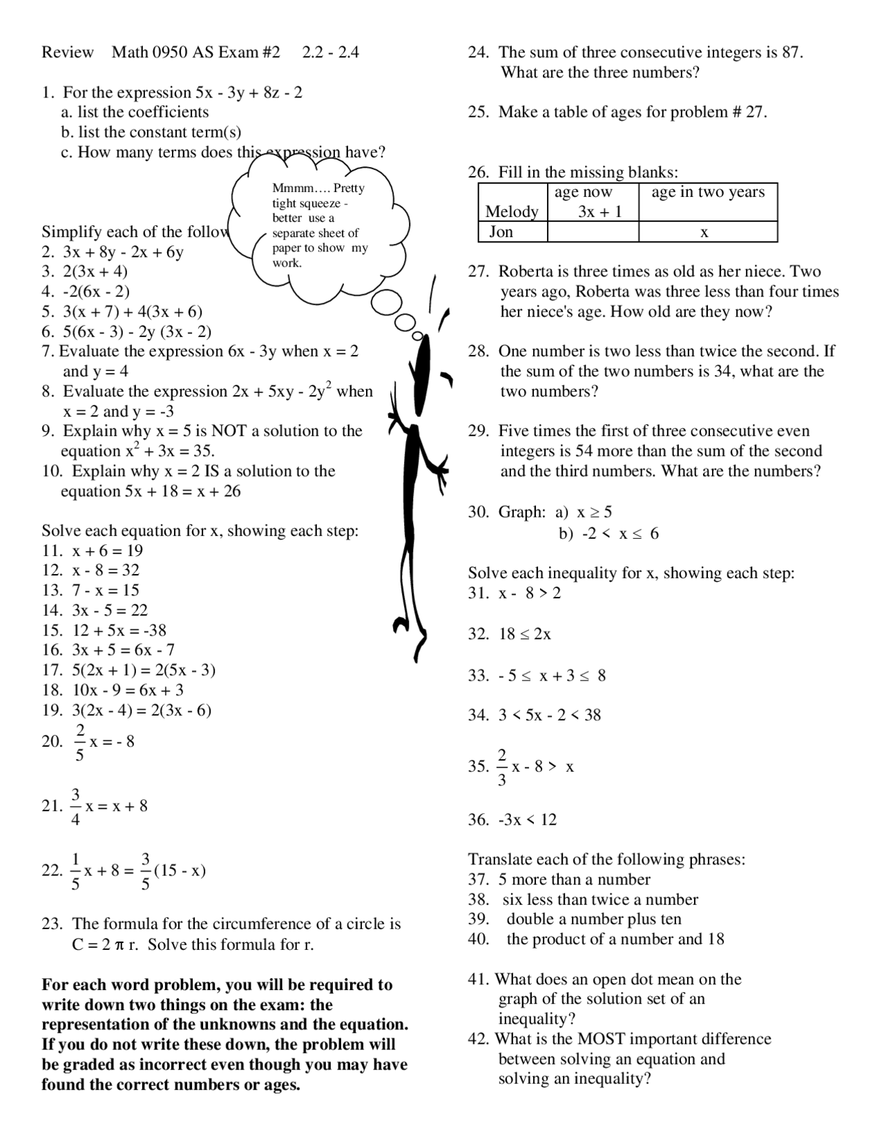 Exam 2 with Solution for Beginning Algebra I | MATH 0950 - Docsity